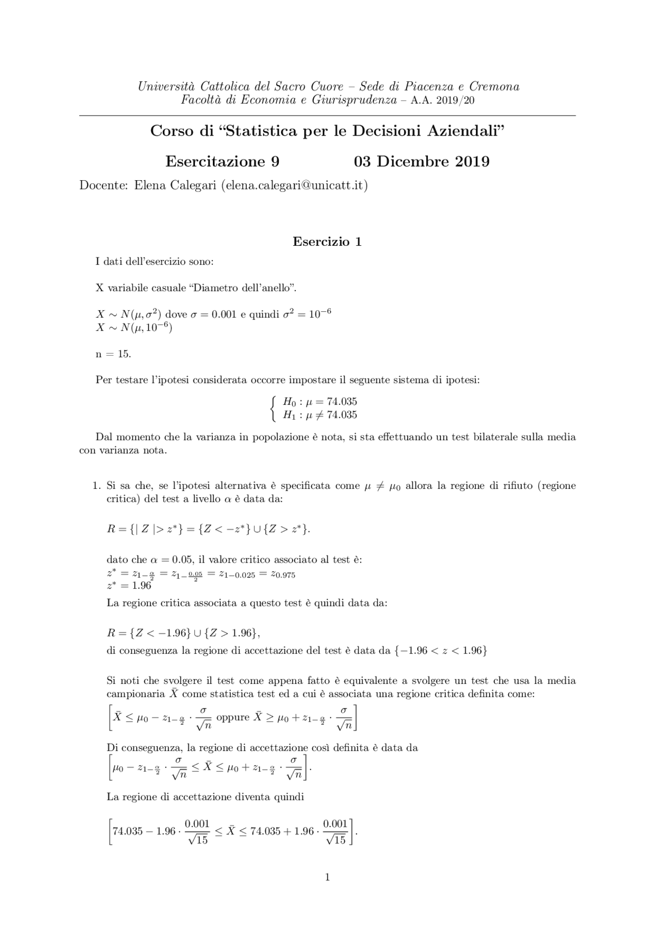 Esercizi di statistica (soluzioni) - Docsity
