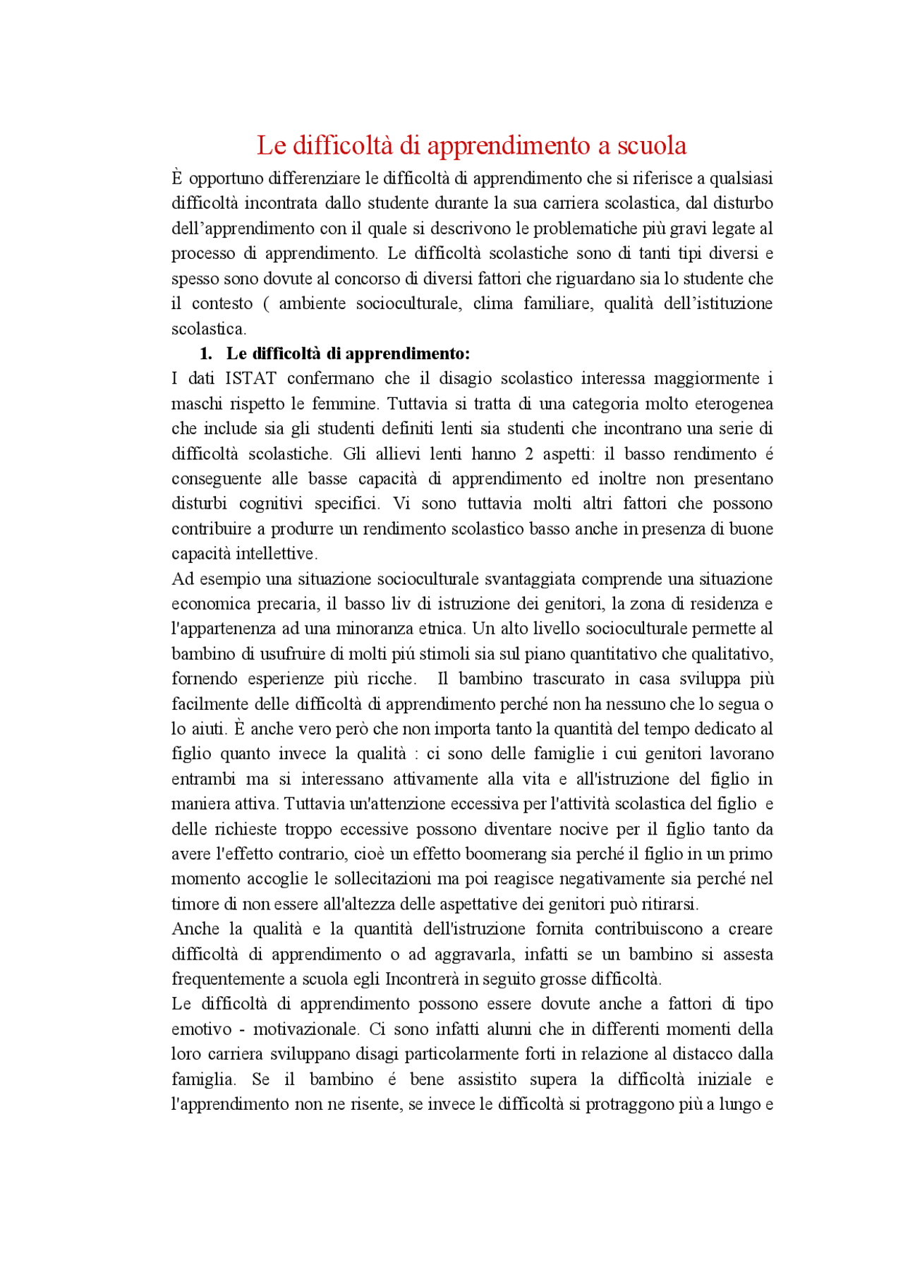 Le Difficoltà Di Apprendimento A Scuola Docsity