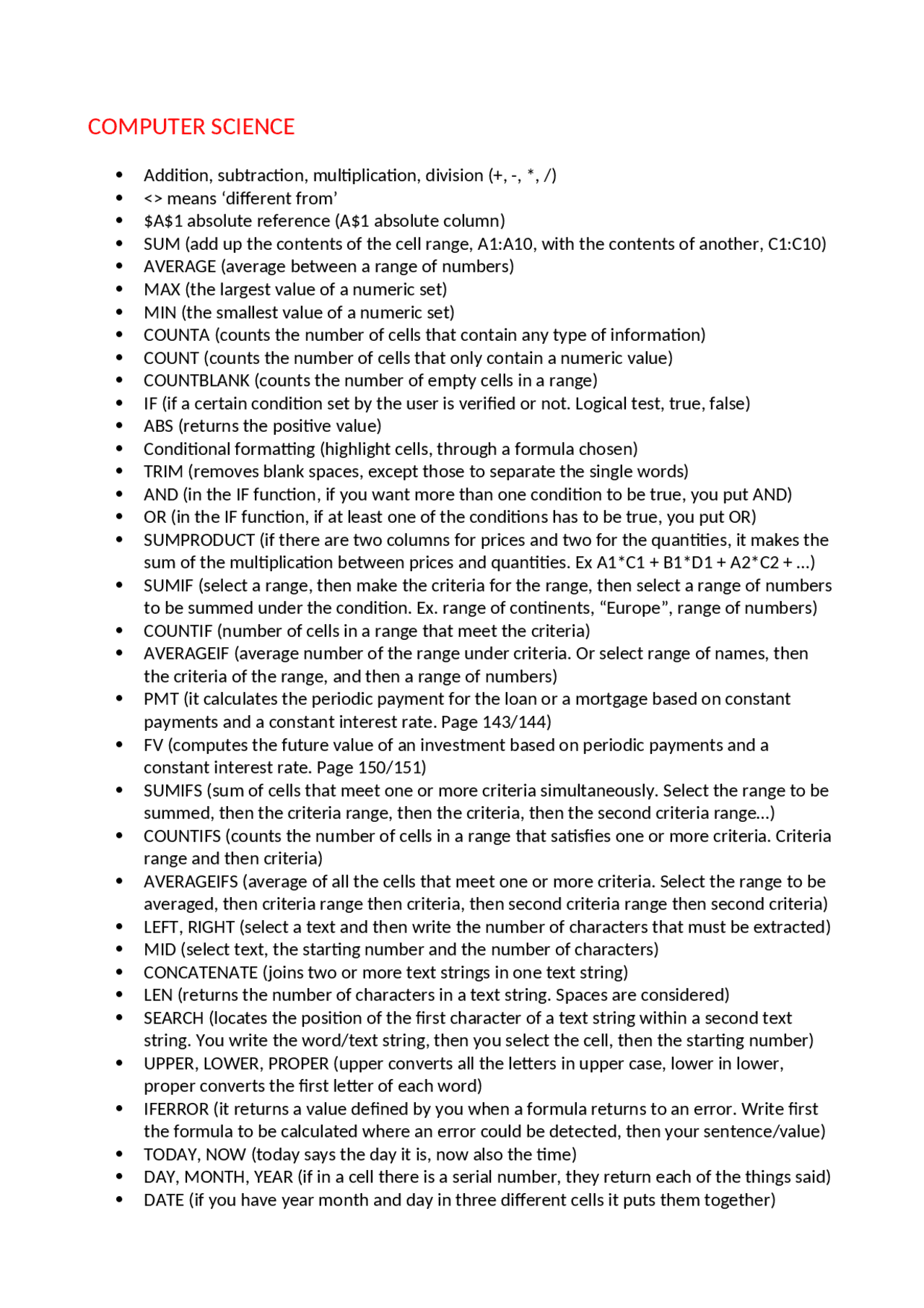 Excel formulas for computer science - Docsity