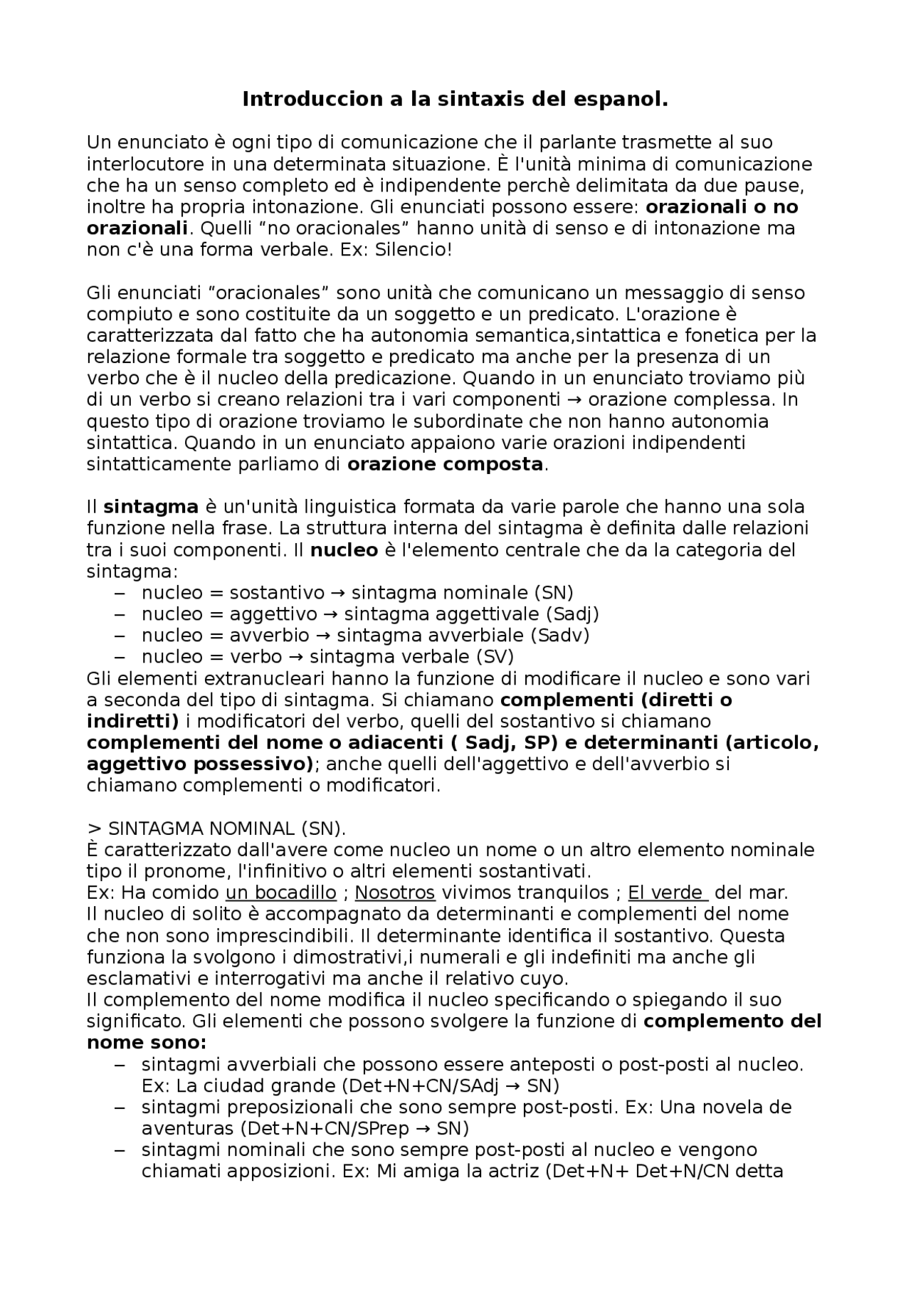 Introduzione alla sintassi spagnola - Docsity