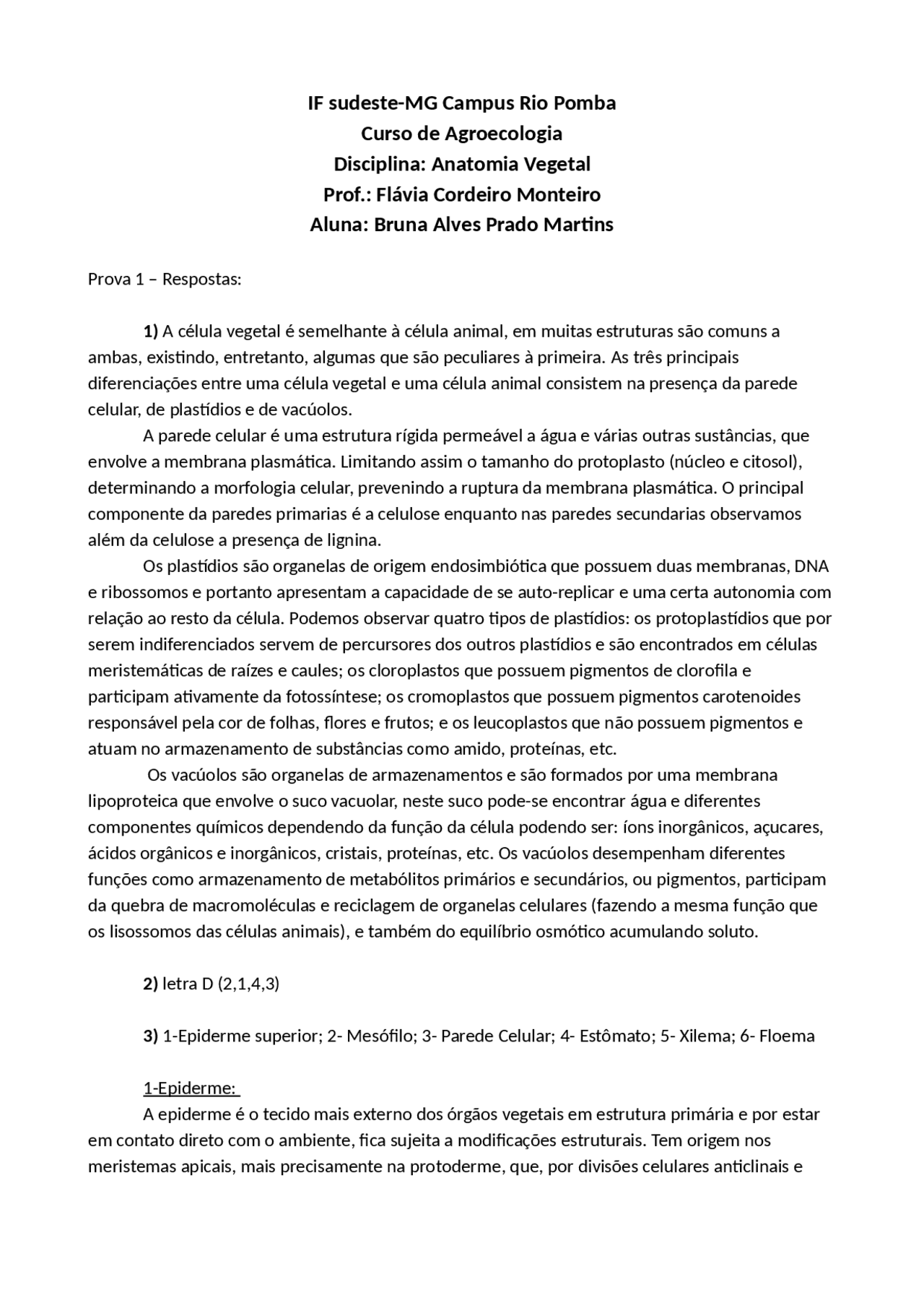 Prova anatomia vegetal | Exams Anatomy | Docsity