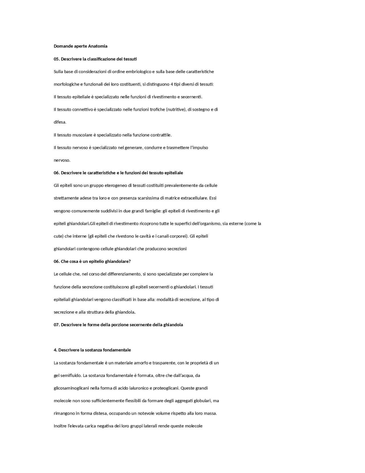 Risposte Aperte Ecampus Anatomia Docsity