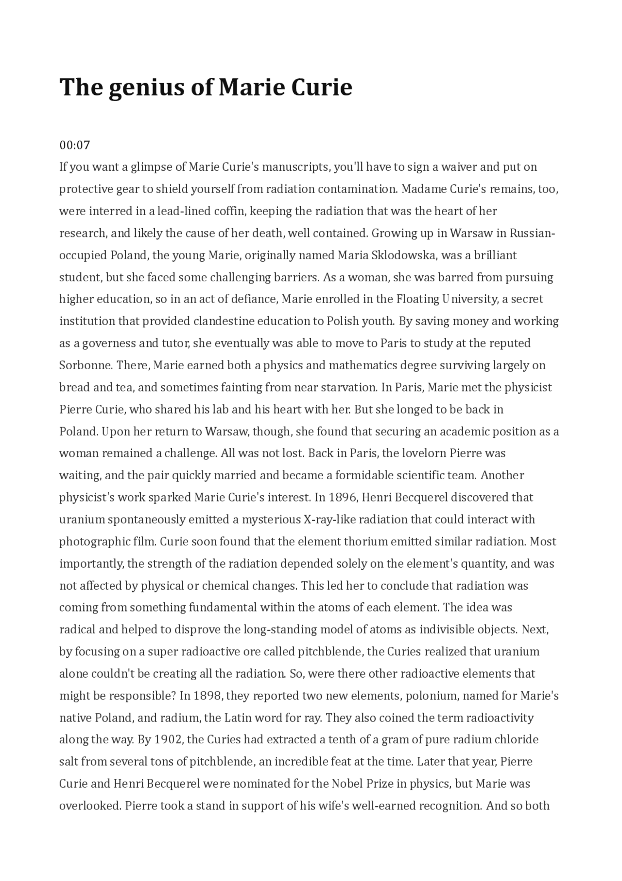 The genius of Marie Curie - Docsity