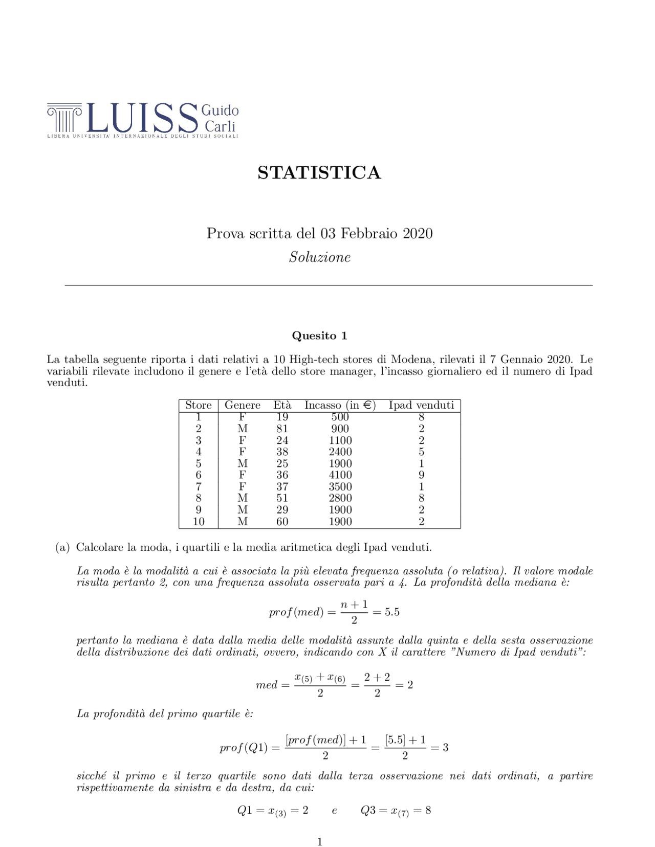 Simulazione Esame Di Statistica Docsity