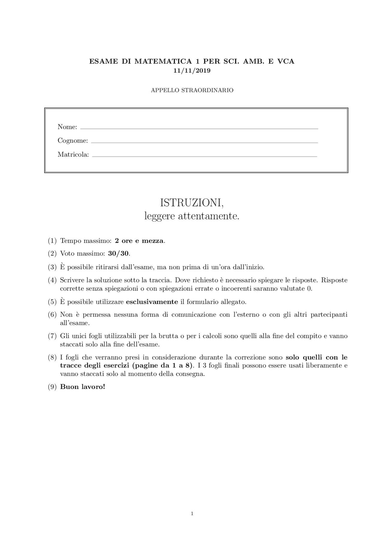 Prova Esame Matematica 1 Docsity