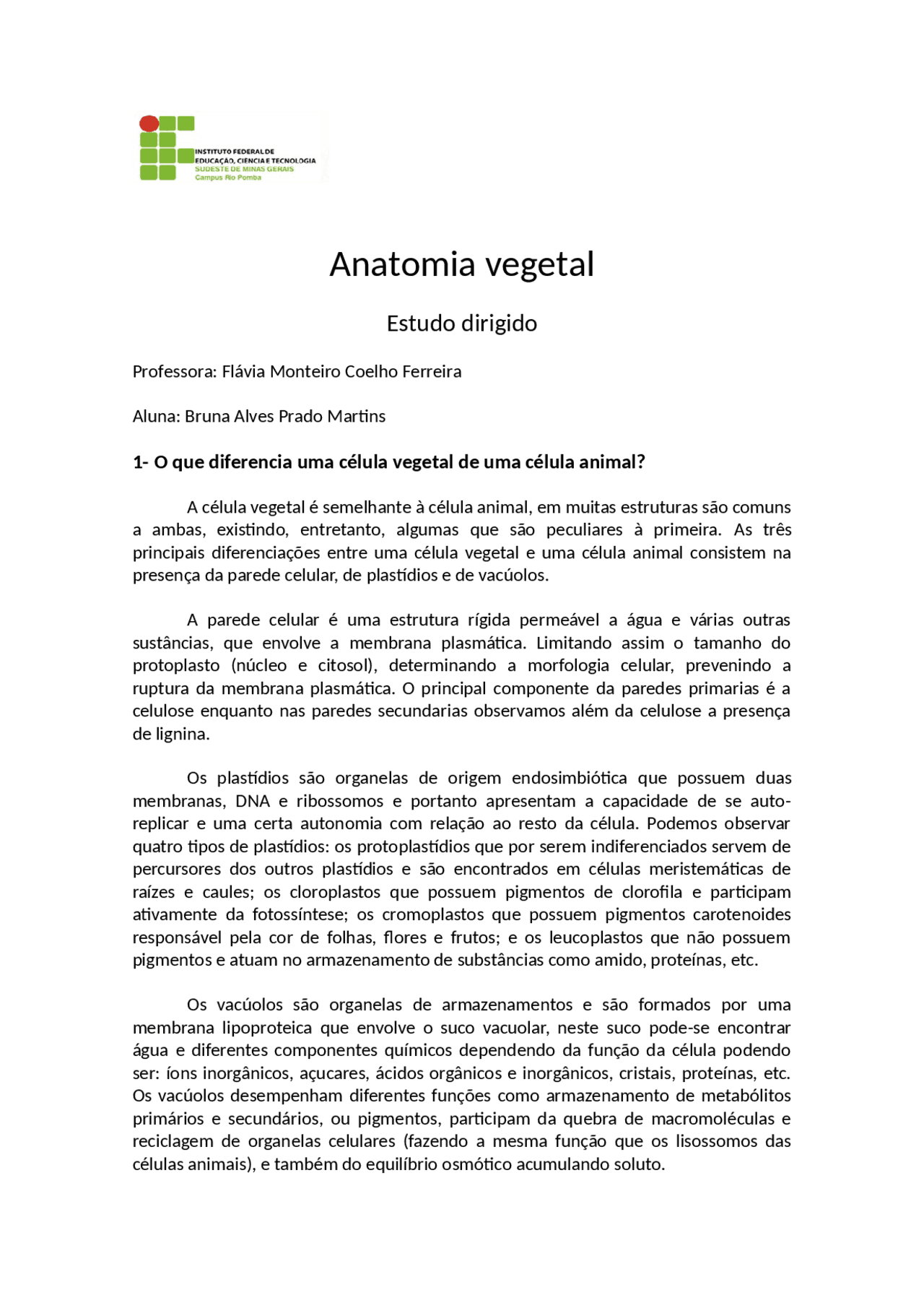 Estudo Dirigido Anatomia Vegetal | Exercises Anatomy | Docsity