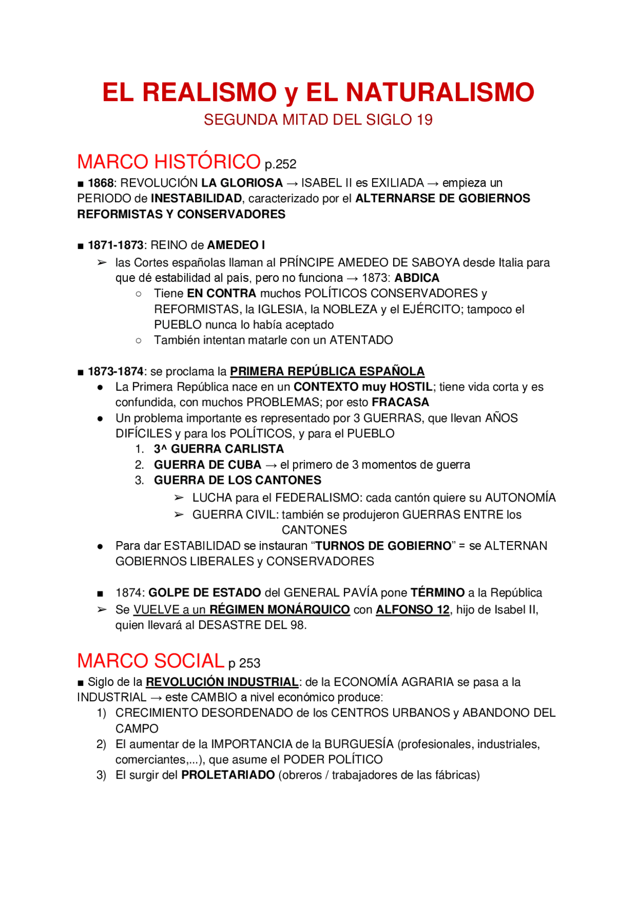 El Realismo y el Naturalismo español | Appunti di Spagnolo | Docsity