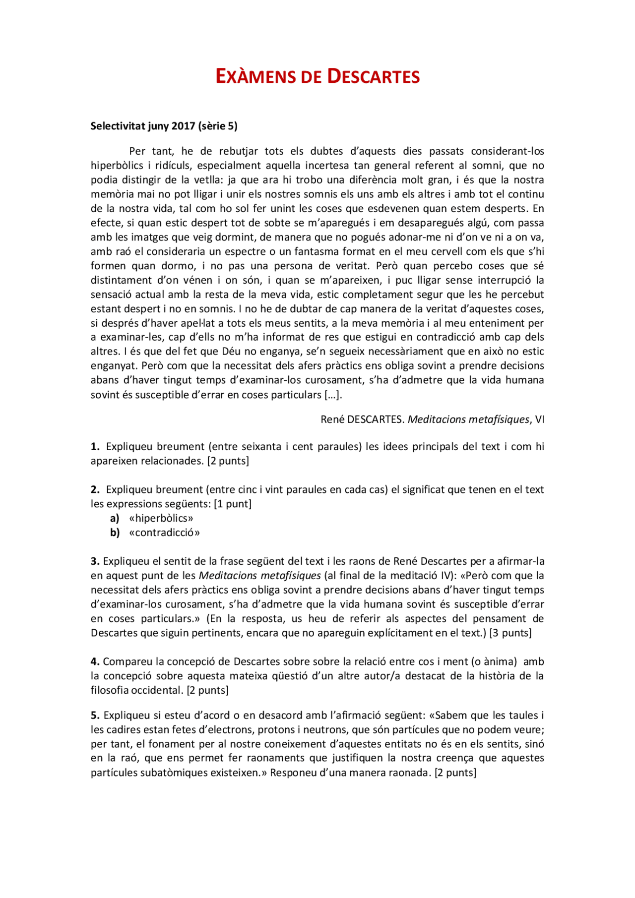Examen Descartes Segundo Trimestre Filosofia Exámenes Selectividad