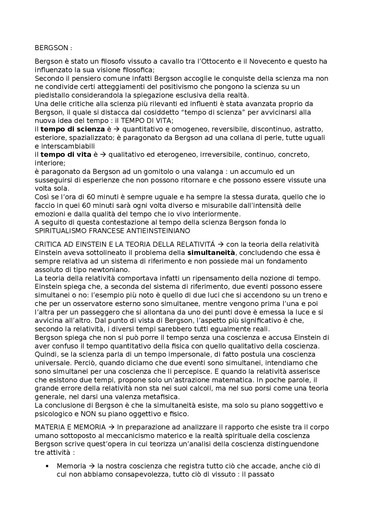 Riassunti Di Filosofia Bergson Docsity