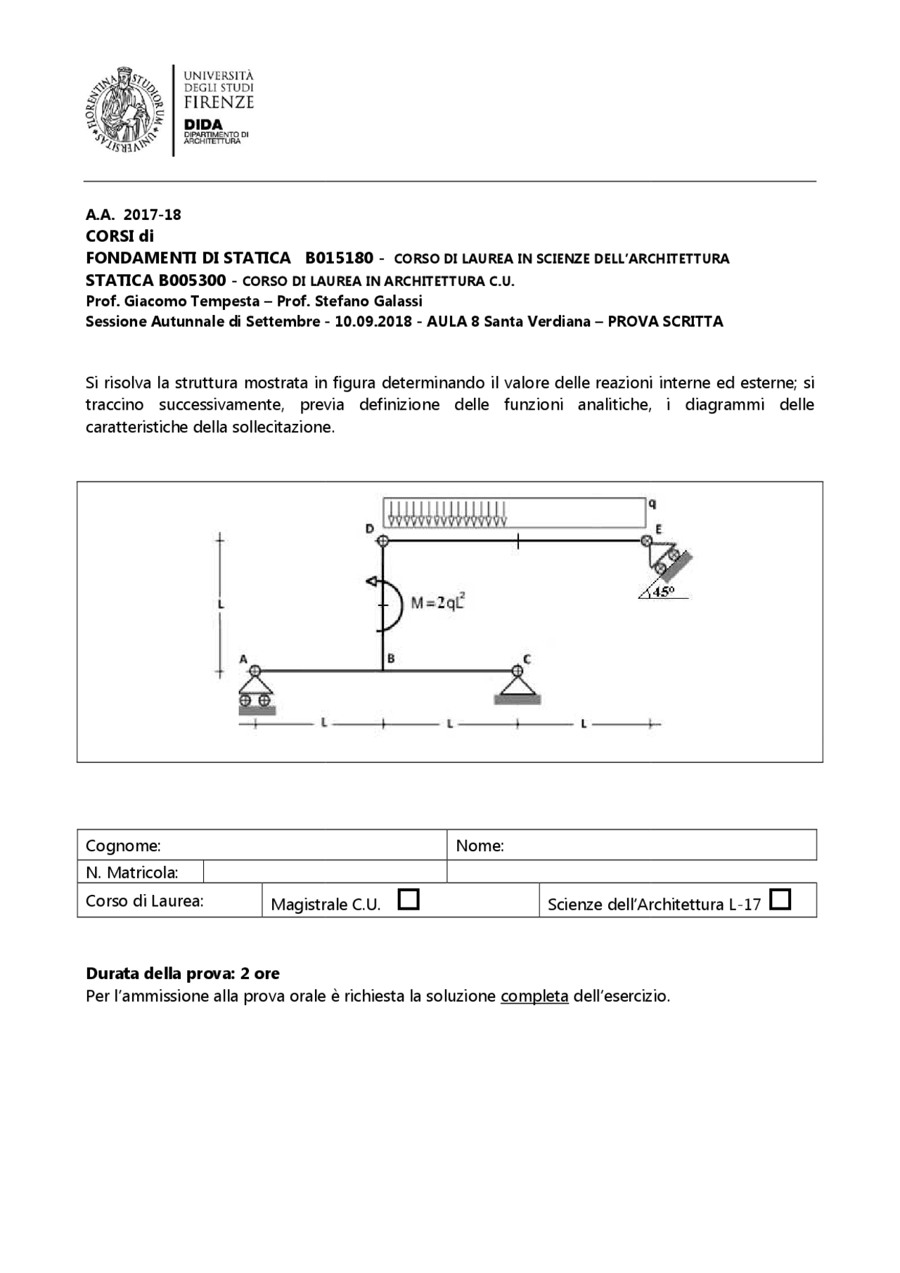Prove Desame Statica Tempestagalassi Prove Desame Di Statica Docsity