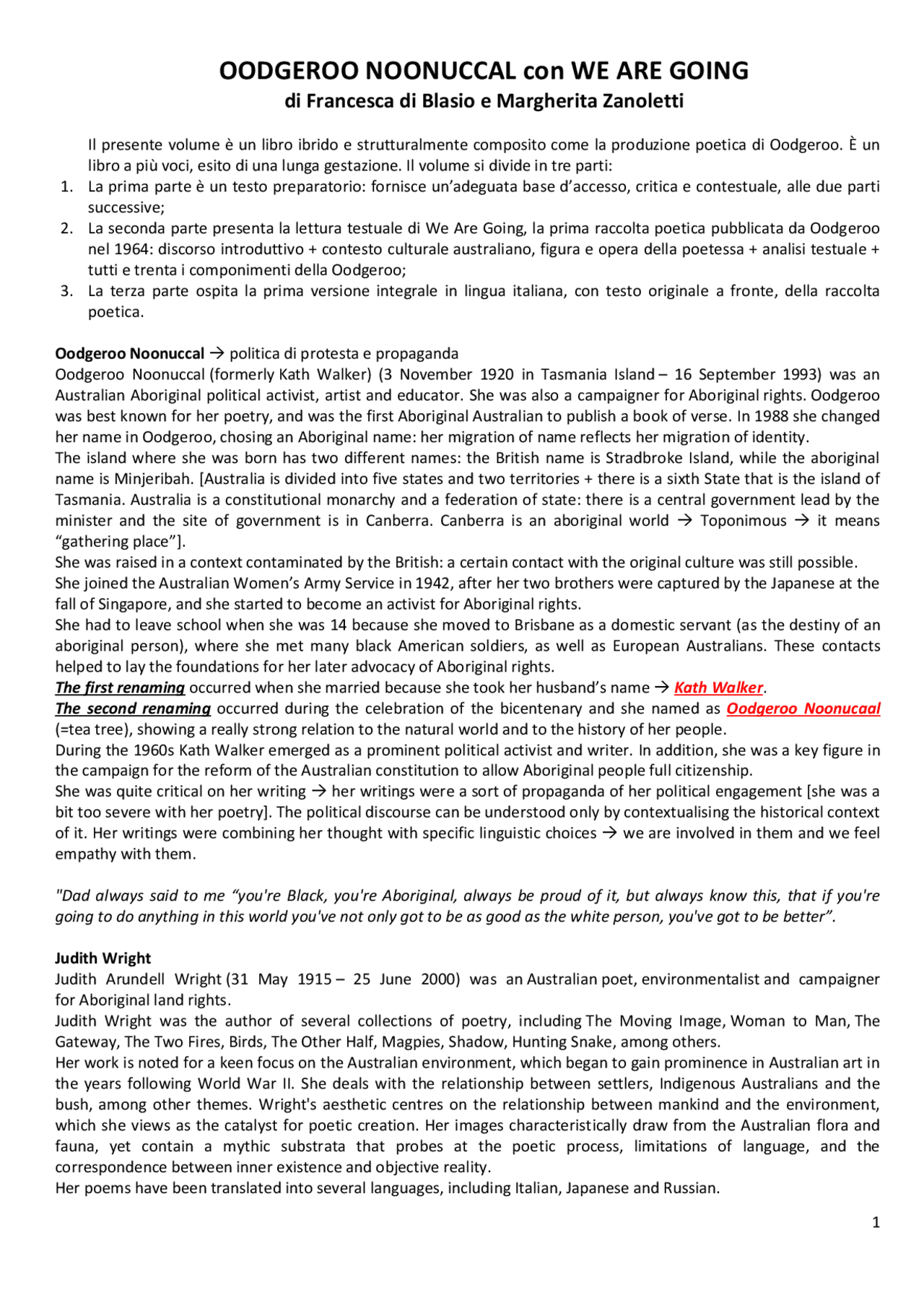 The poem "We are going" by Oodgeroo Noonuccal - Docsity