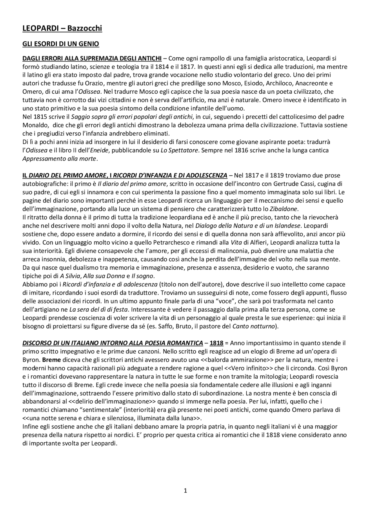 Riassunto Leopardi Di Bazzocchi Docsity