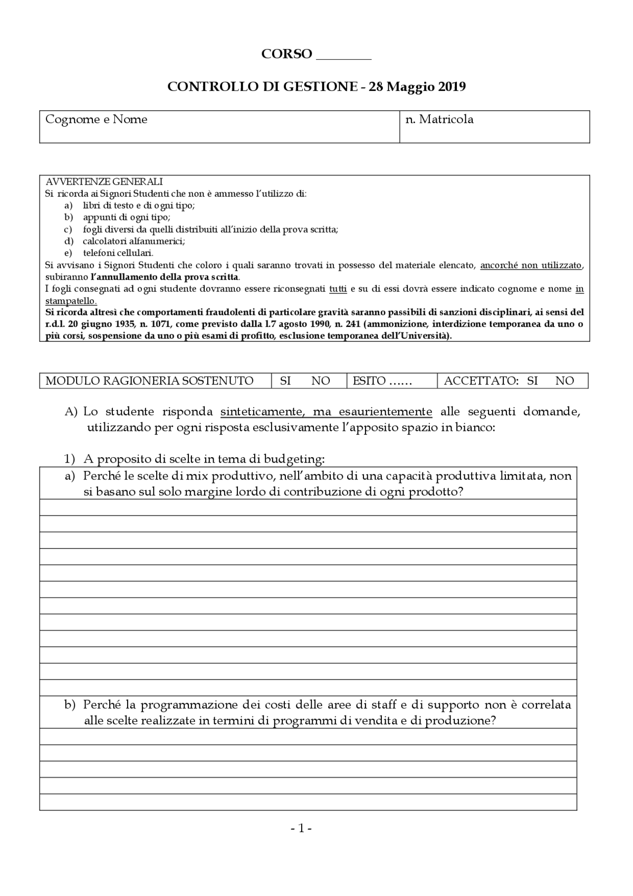 Appelli Di Controllo Di Gestione Docsity