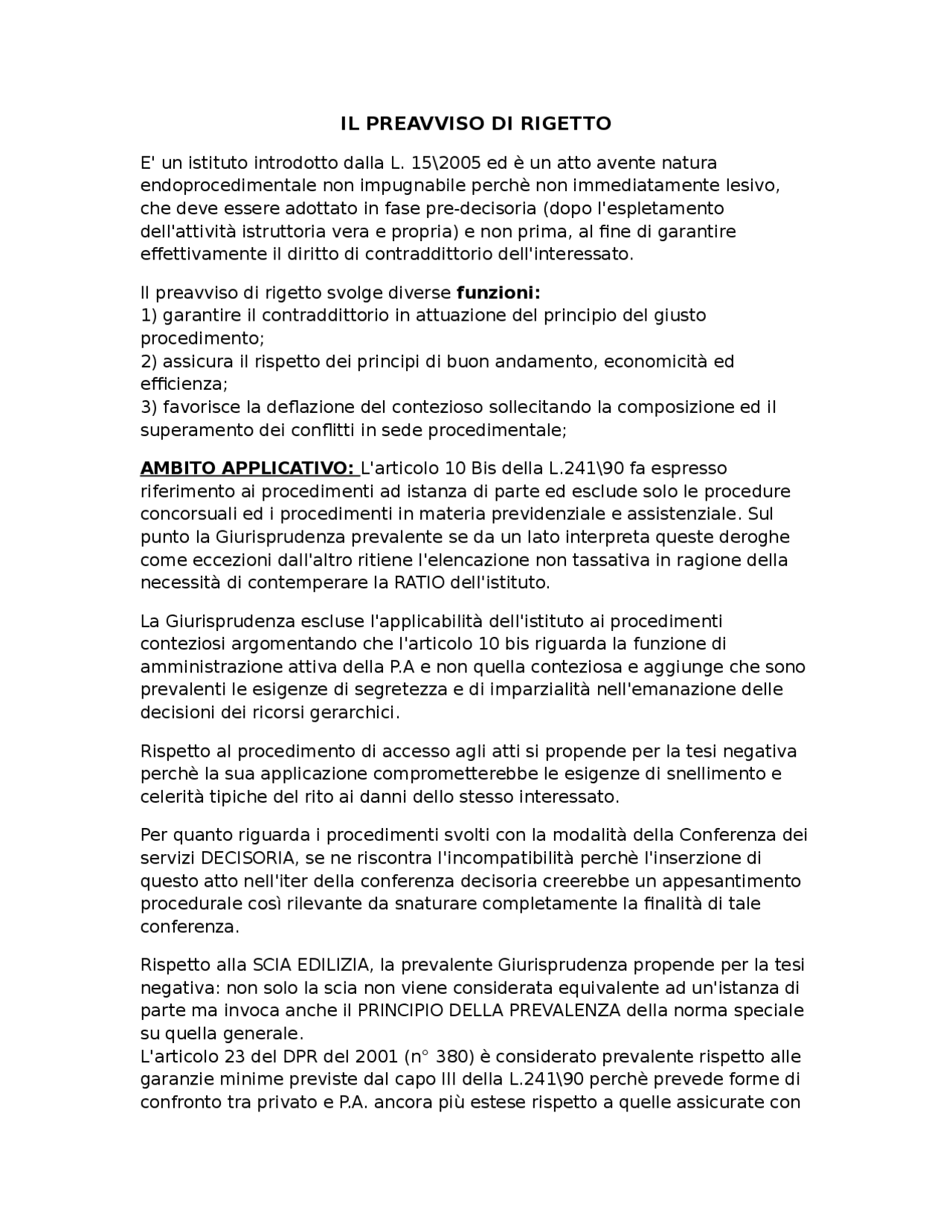 PREAVVISO DI RIGETTO | Appunti di Diritto Amministrativo | Docsity