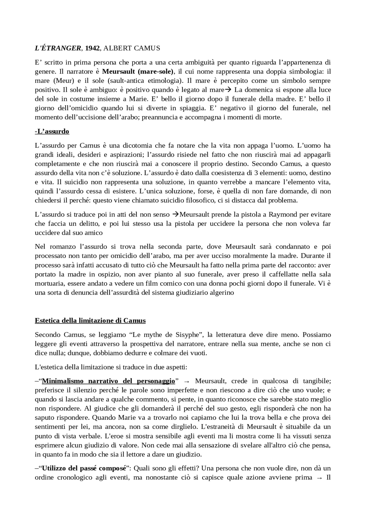 Analisi E Riassunto Létranger Di Albert Camus Docsity