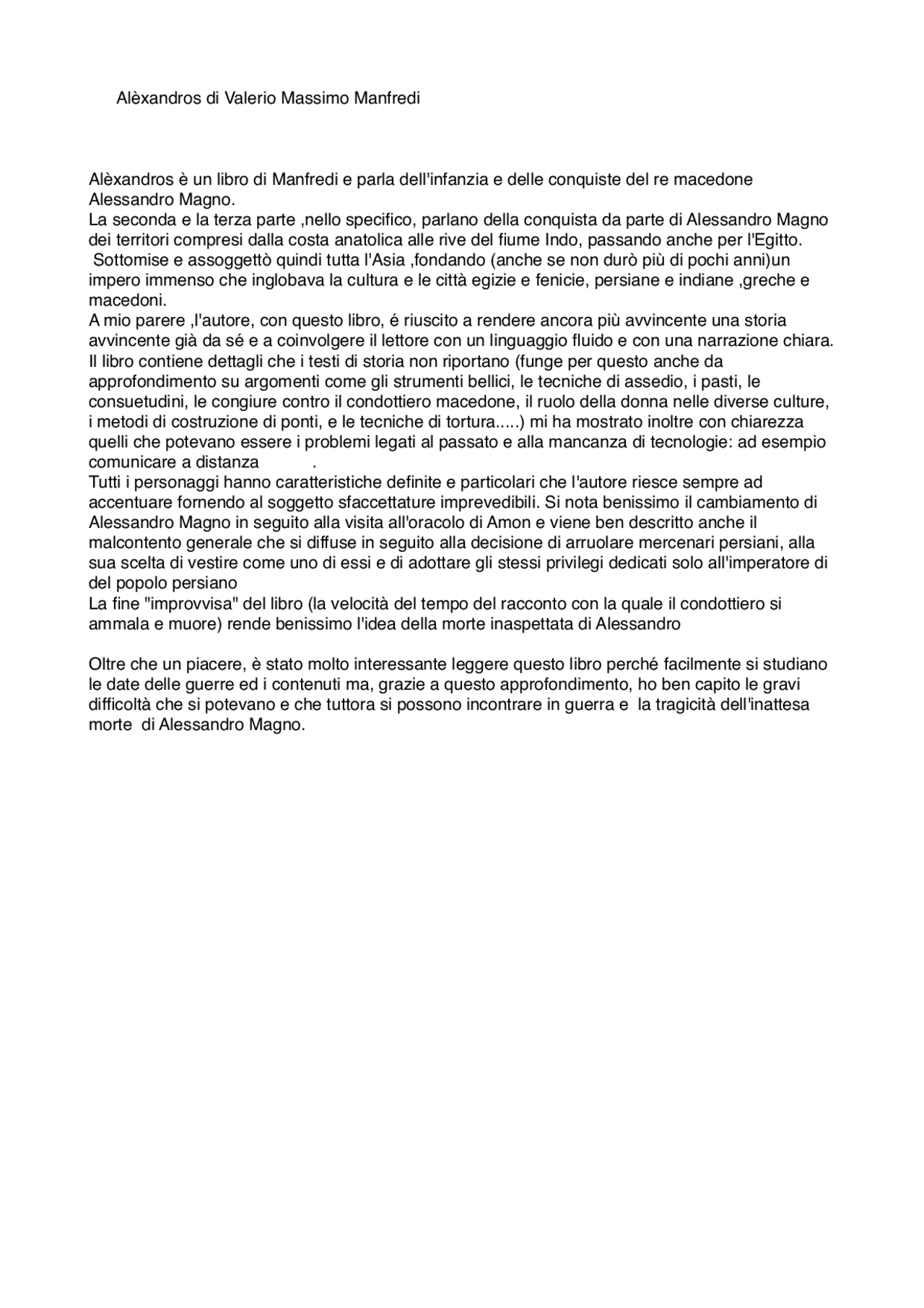 Commento Alexandros Di Valerio Massimo Manfredi Docsity
