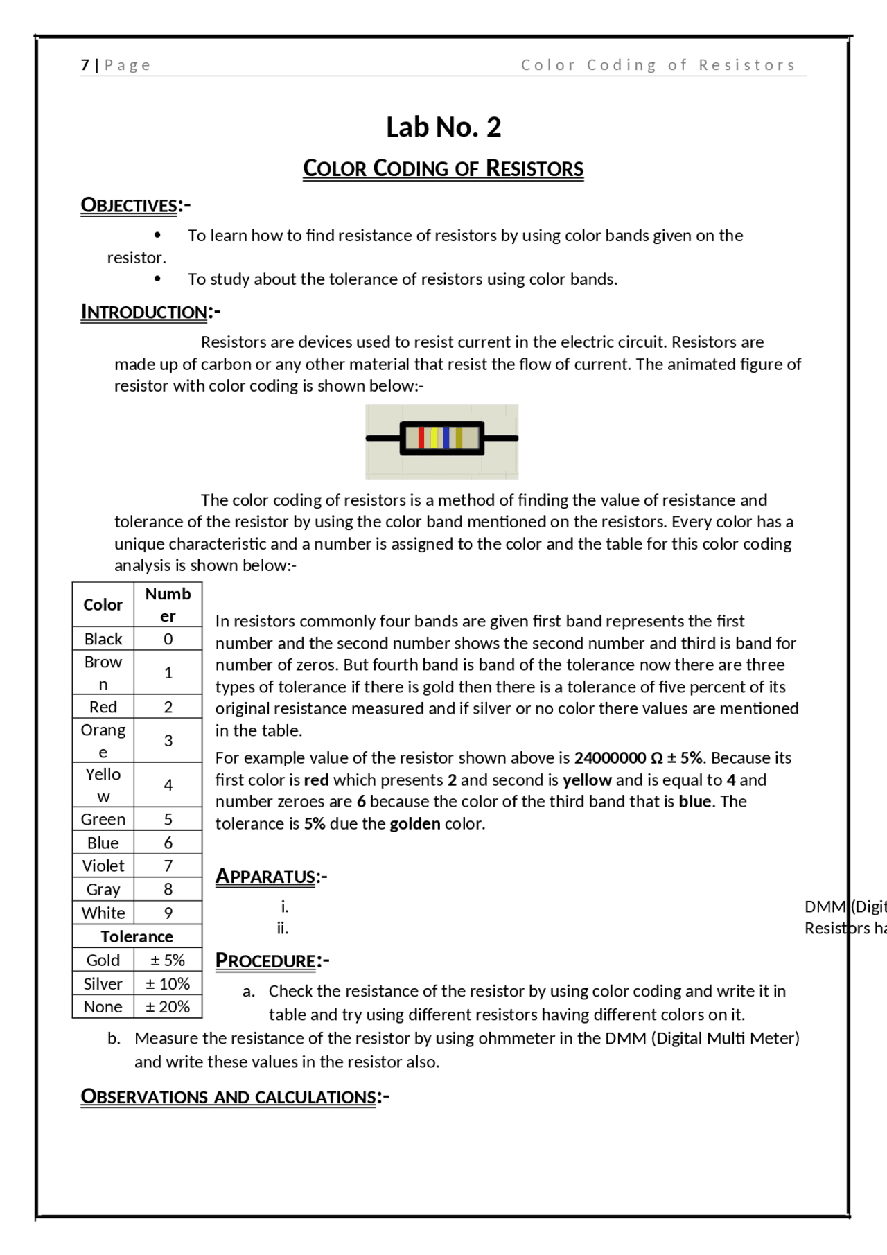 Circuit lab 2 Colour Coding of Resistors - Docsity