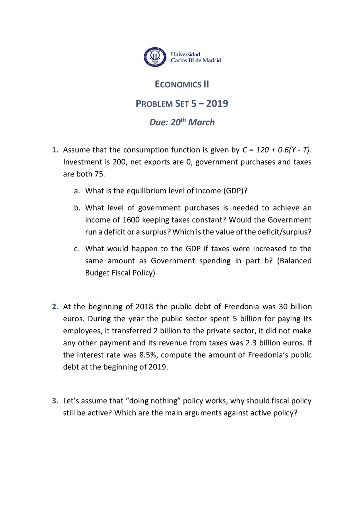 Problem Set 5 Economics Ii Macroeconomics Docsity