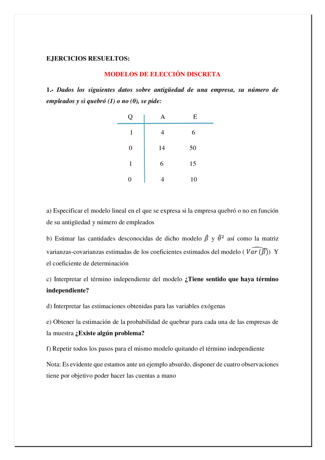 Ejercicios De Econometria Ii Ejercicios De Econometría Docsity