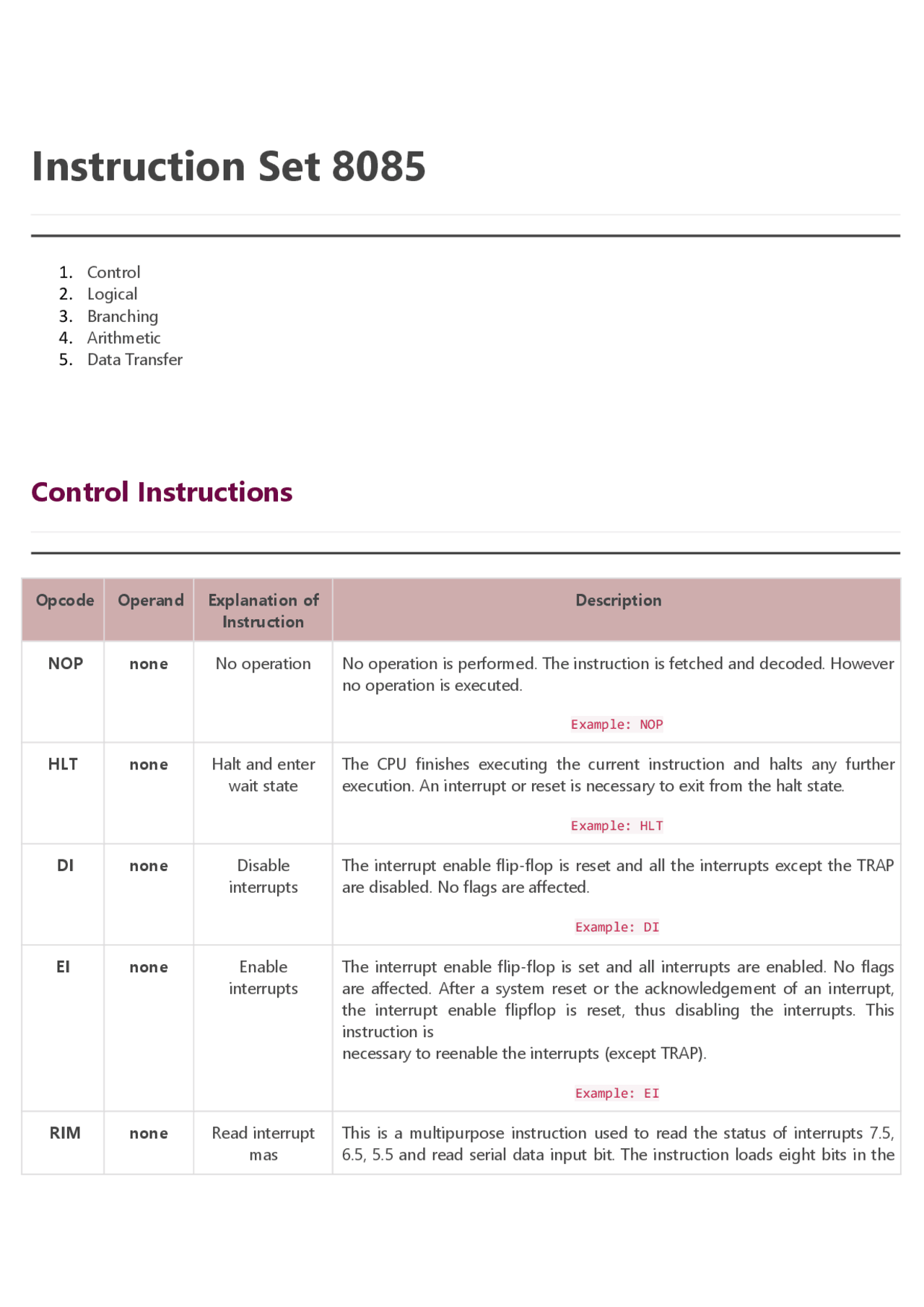 Instruction Set 8085 - Docsity