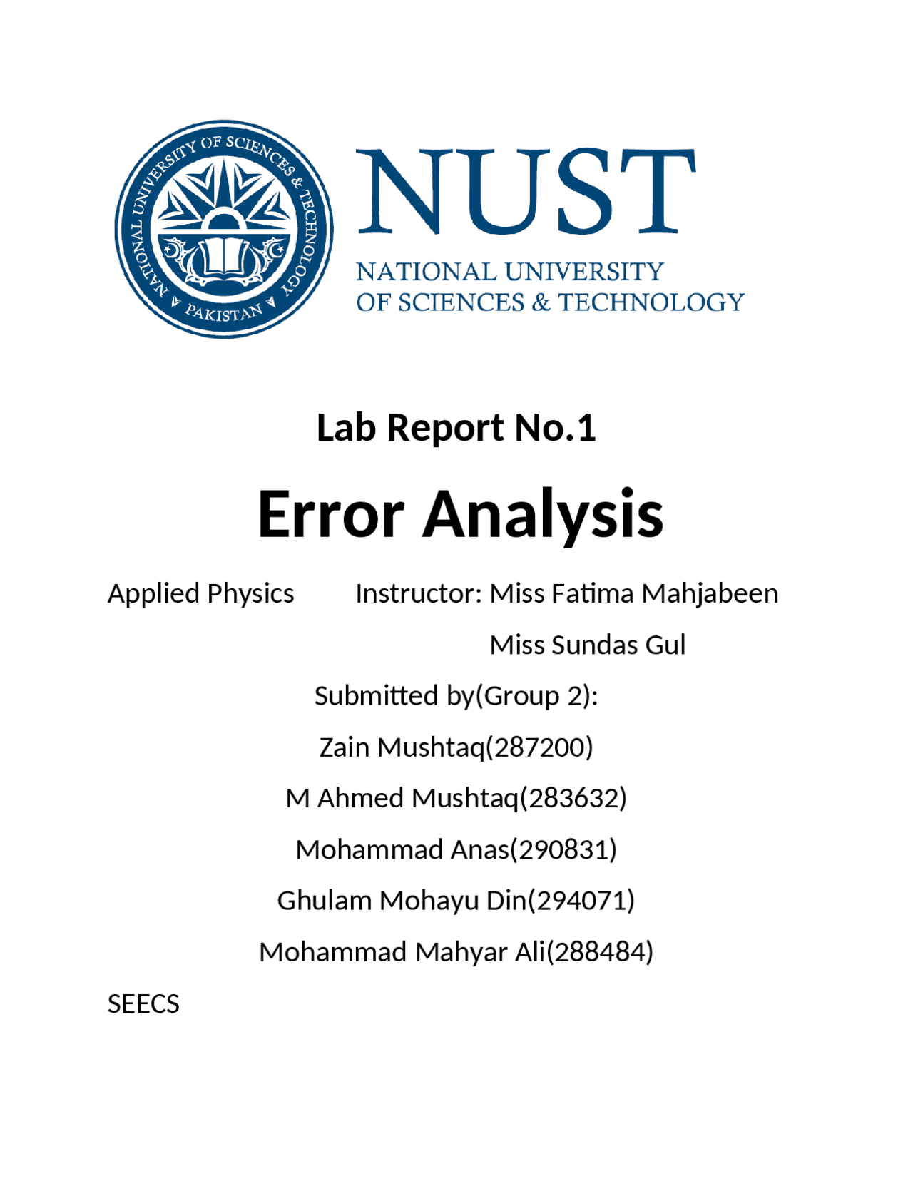 Physics Lab Report Cover Page