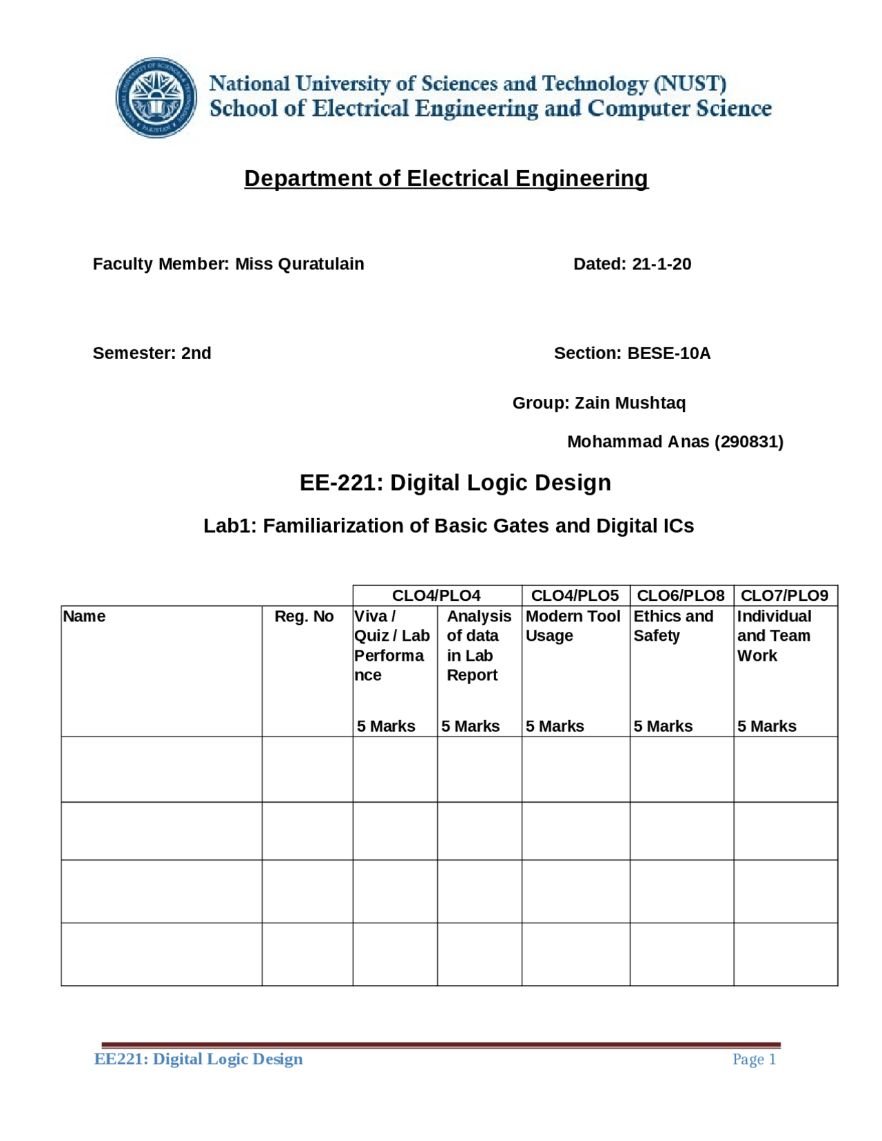 Digital Logic Design Lab 1 Docsity