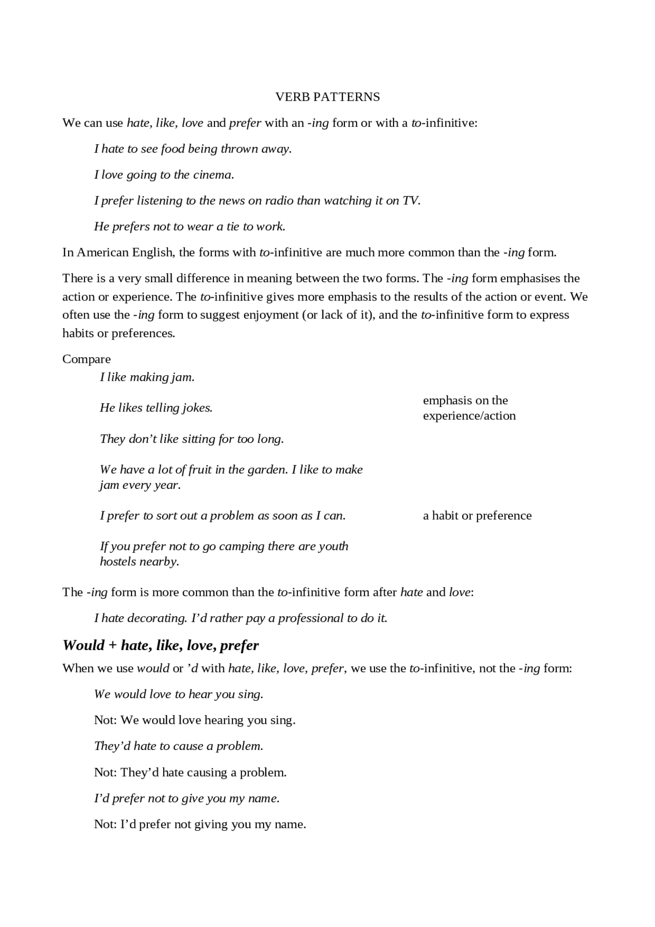 Schema dei verb patterns | Appunti di Inglese | Docsity