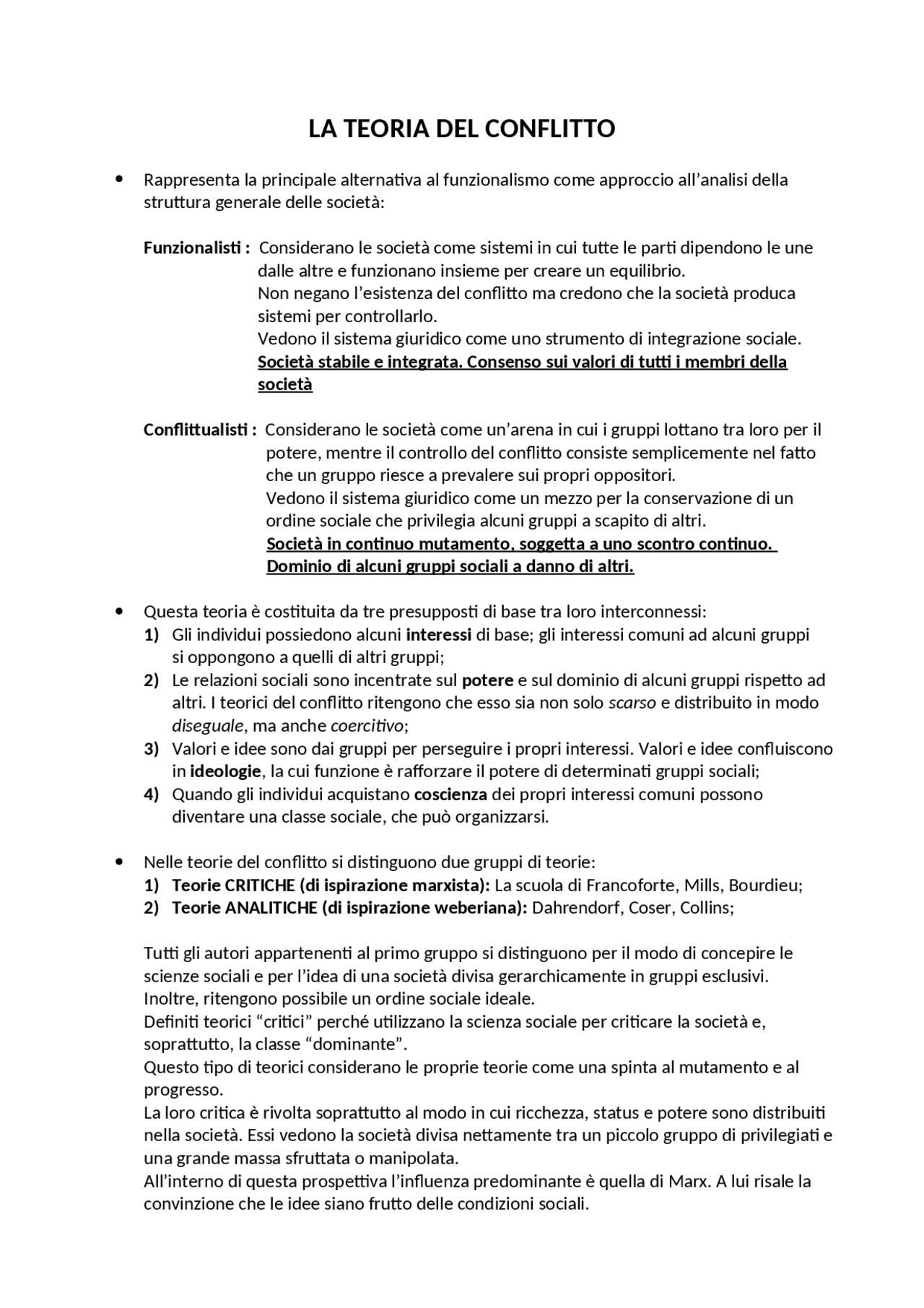 LA TEORIA DEL CONFLITTO - SOCIOLOGIA - Docsity