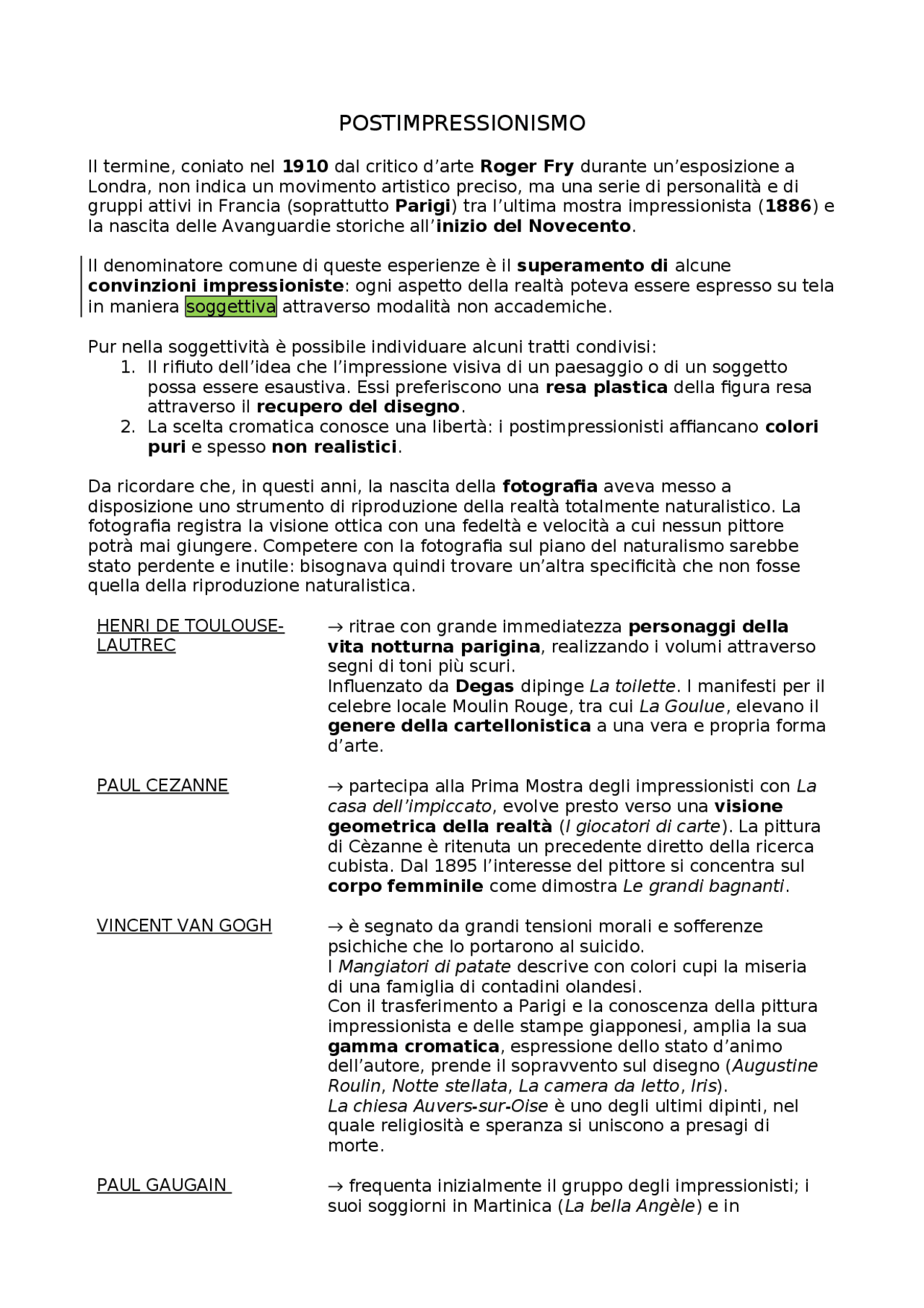 Il Postimpressionismo, il Simbolismo e l'Espressionismo - Docsity