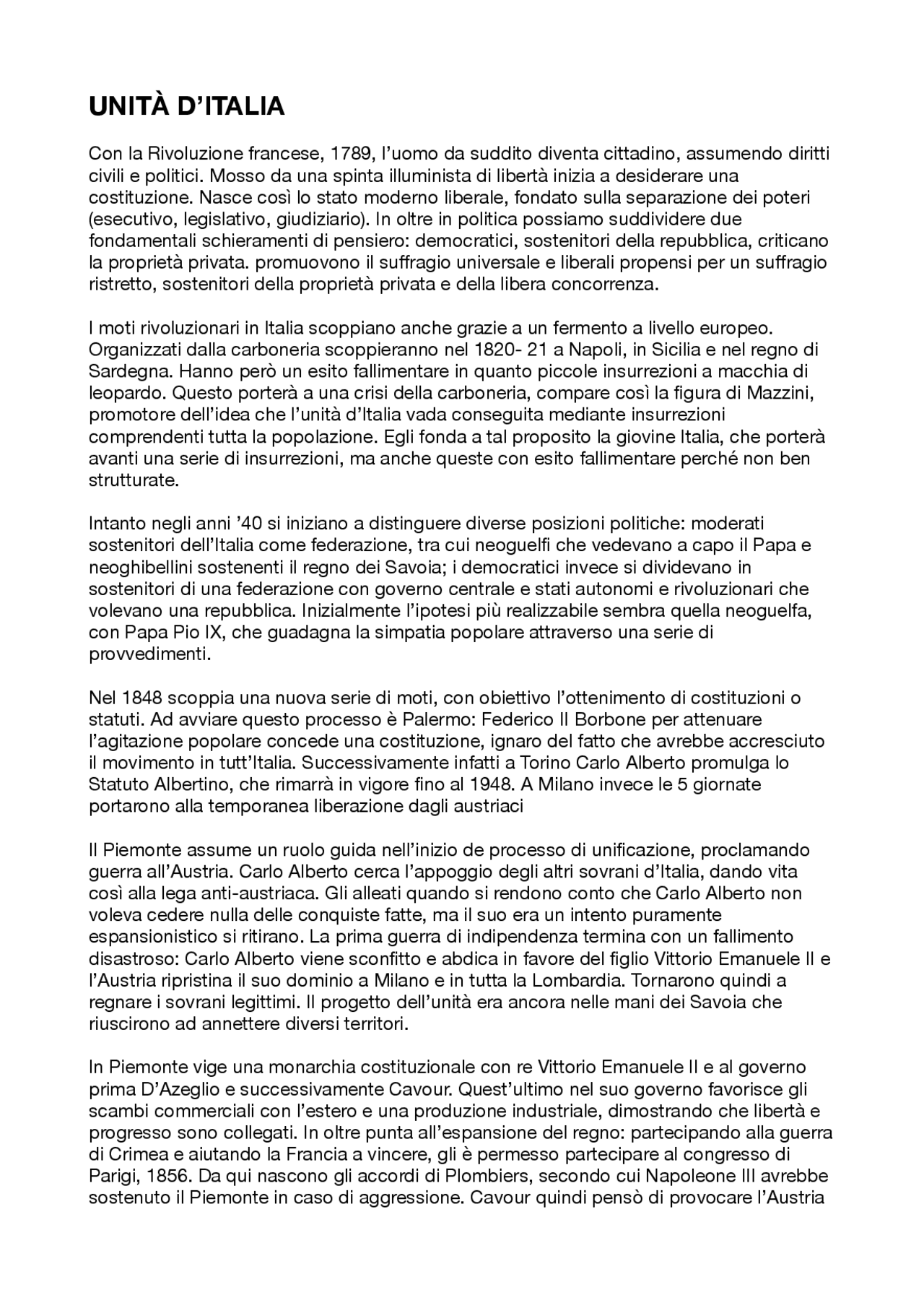 Formazione dell'unità d'Italia - Docsity