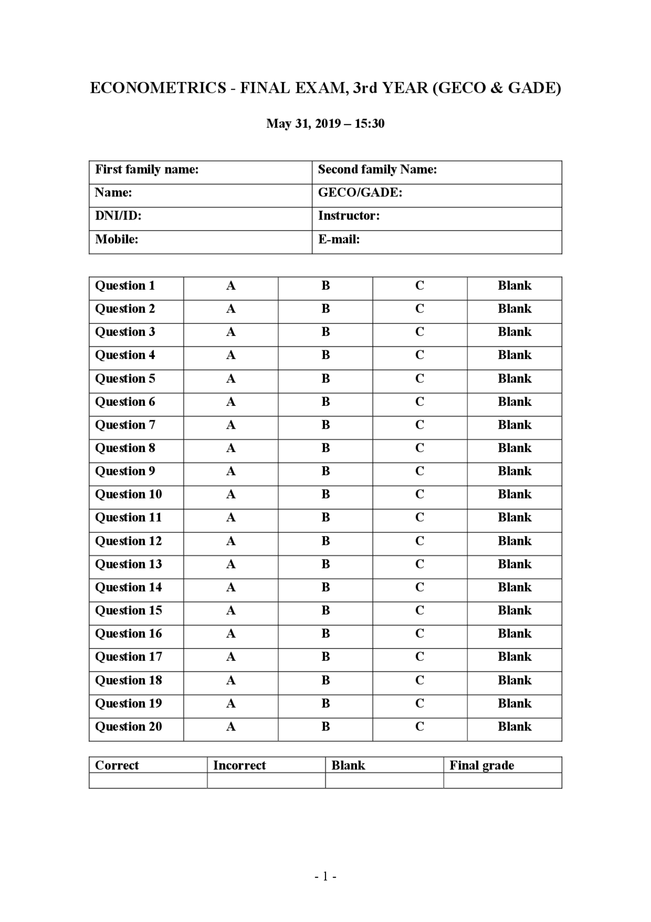 Final Exam Econometrics May 2019 Docsity
