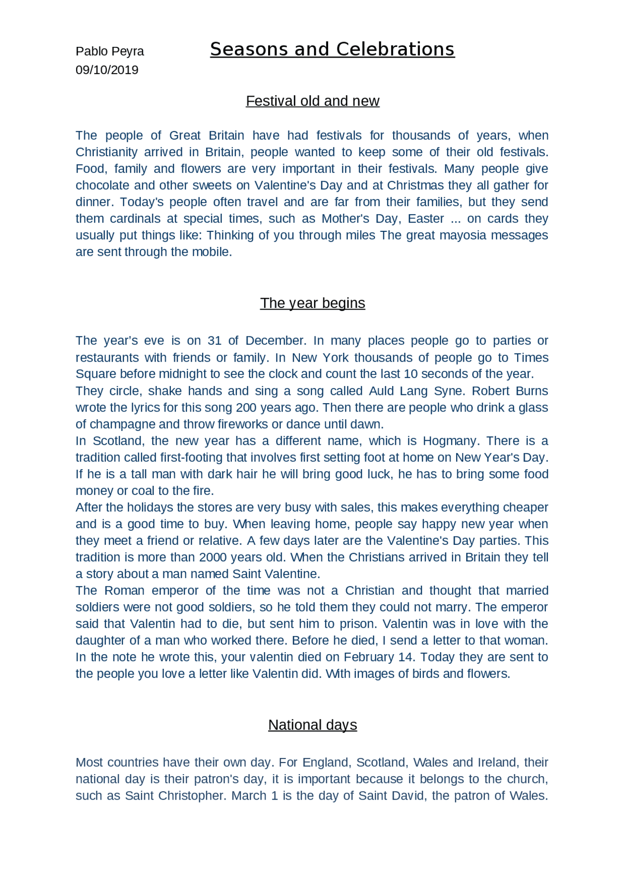 Seasons and celebrations recuperación 1bach inglés - Docsity