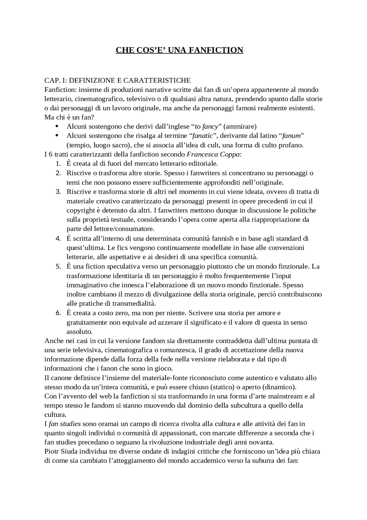 Riassunto Del Primo Capitolo Di Che Cosè Una Fanfiction Docsity