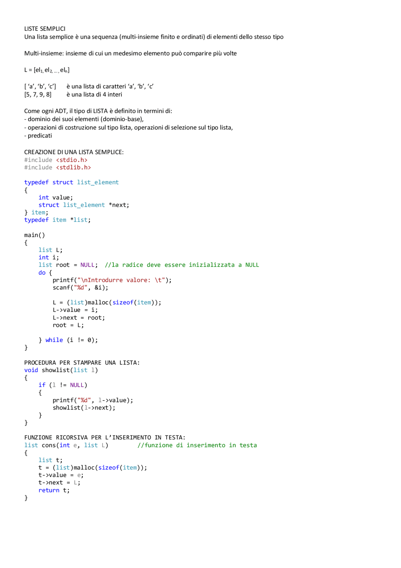 Liste semplici - programmazione C | Appunti di Elementi di Informatica | Docsity