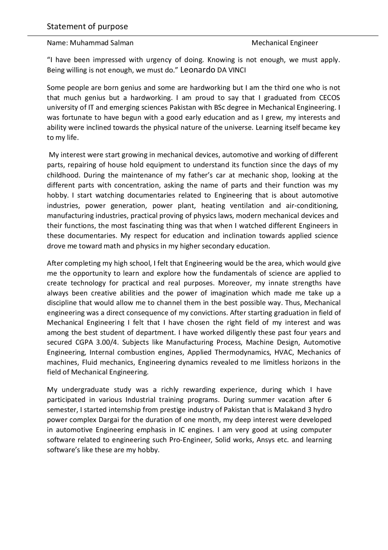 Statement of perpose - Docsity