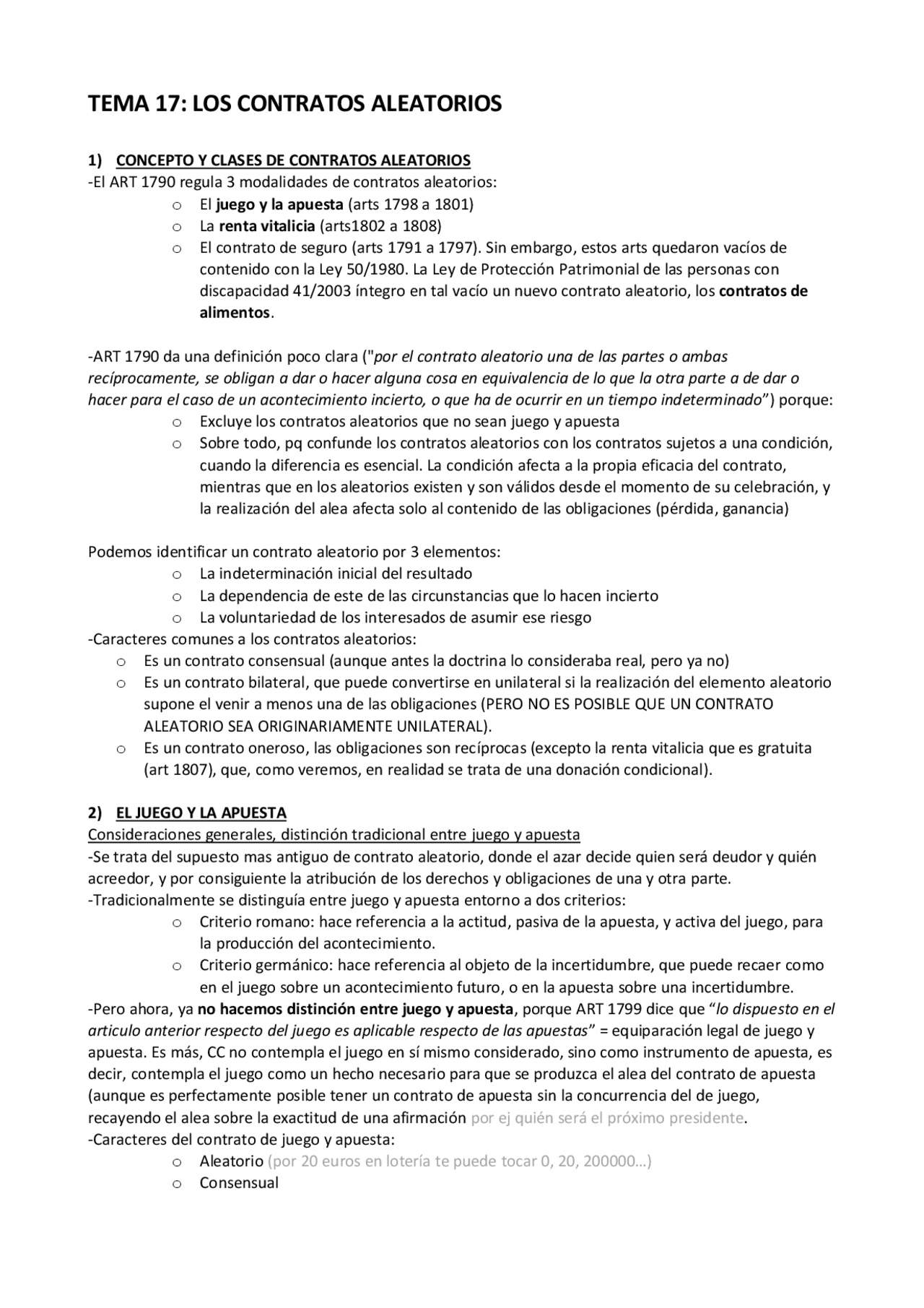 Los contratos aleatorios | Resúmenes de Derecho Civil | Docsity