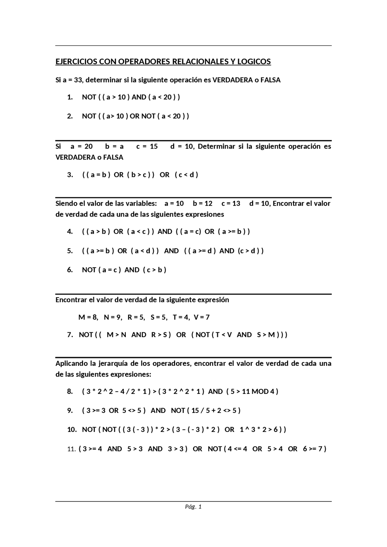 Ejercicios con operadores | Ejercicios de Matemáticas | Docsity
