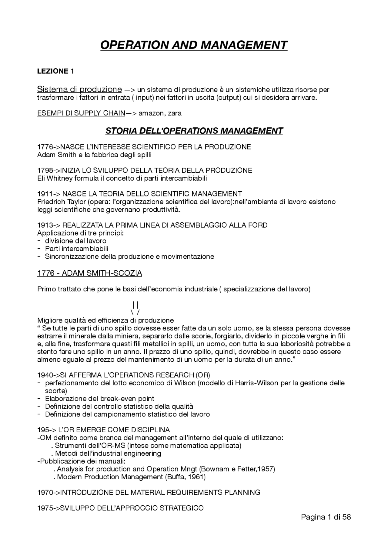 Operation management riassunto utilissimo per passare l'esame prof. vesce - Docsity