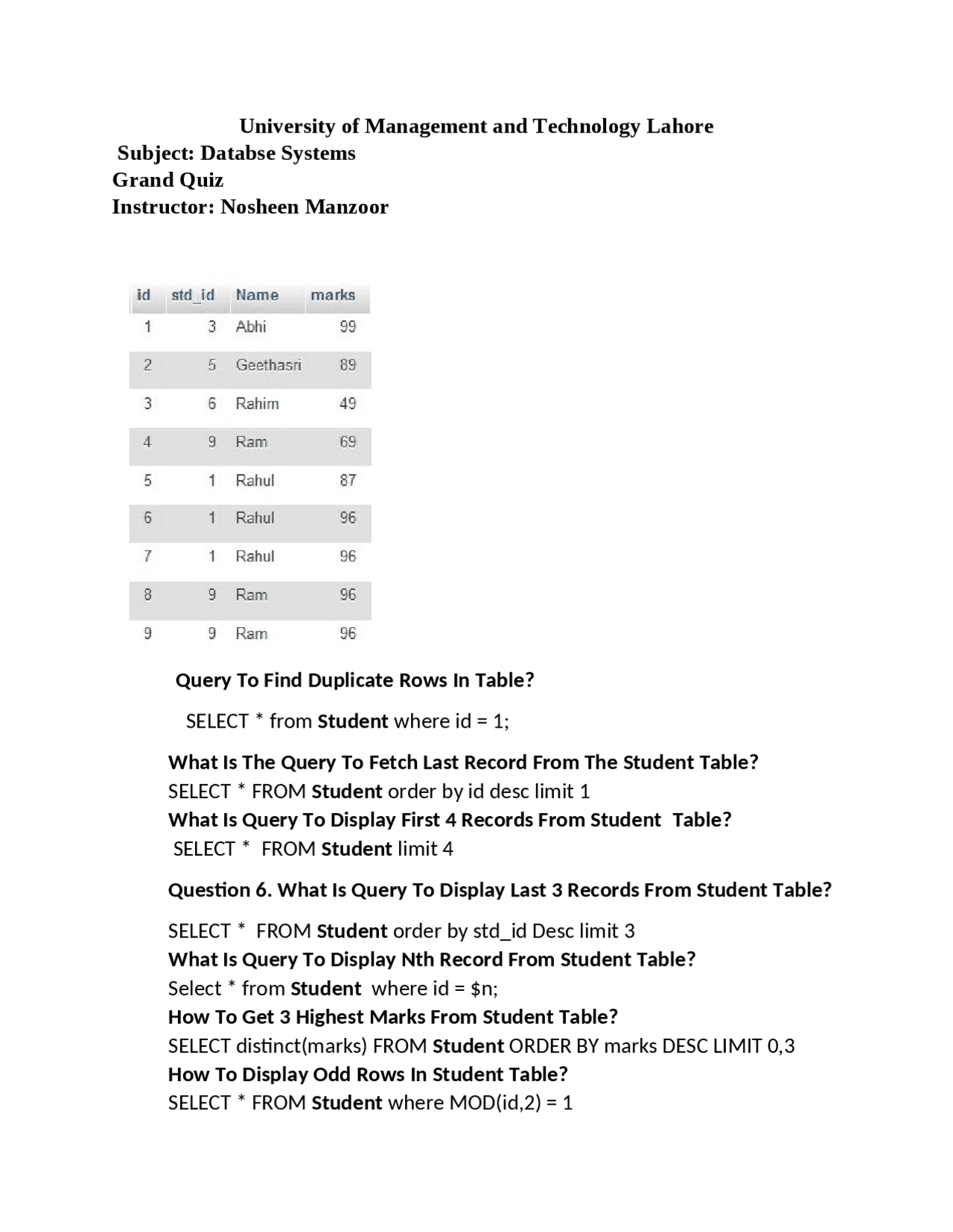Solution of quiz with questions - Docsity