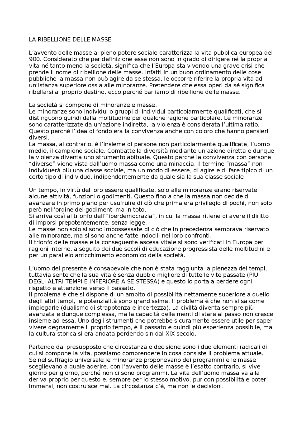 Riassunto libro Ribellione delle masse - Docsity