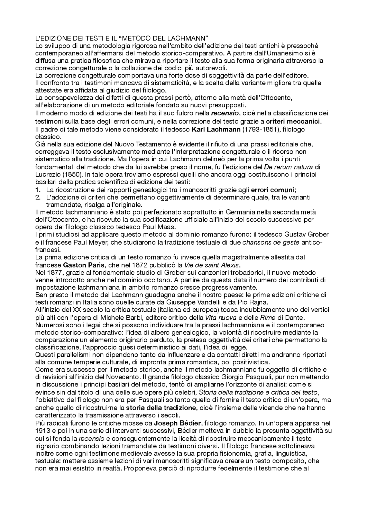 Il metodo Lachmann, l'edizione dei testi - Docsity