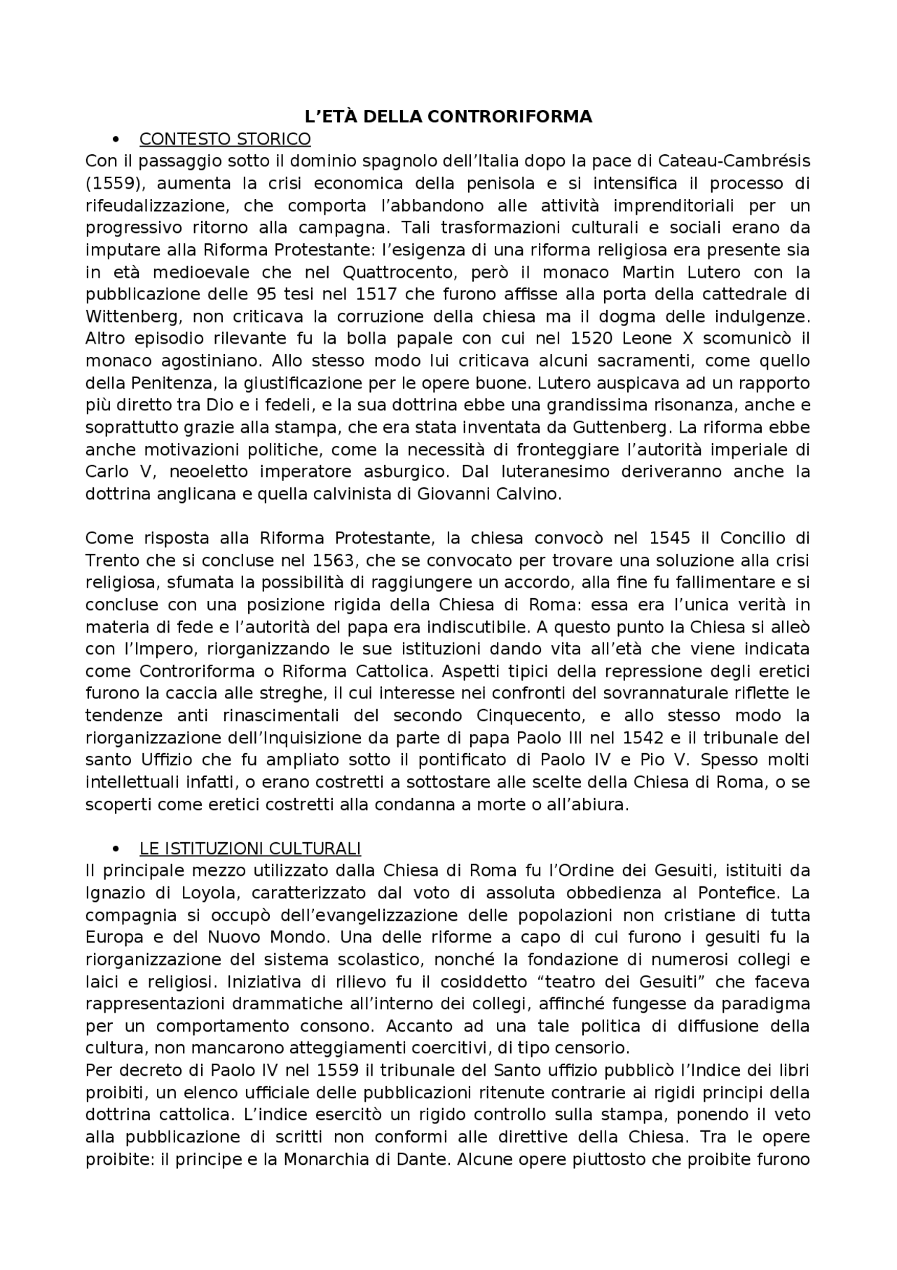 Letà Della Controriforma Docsity