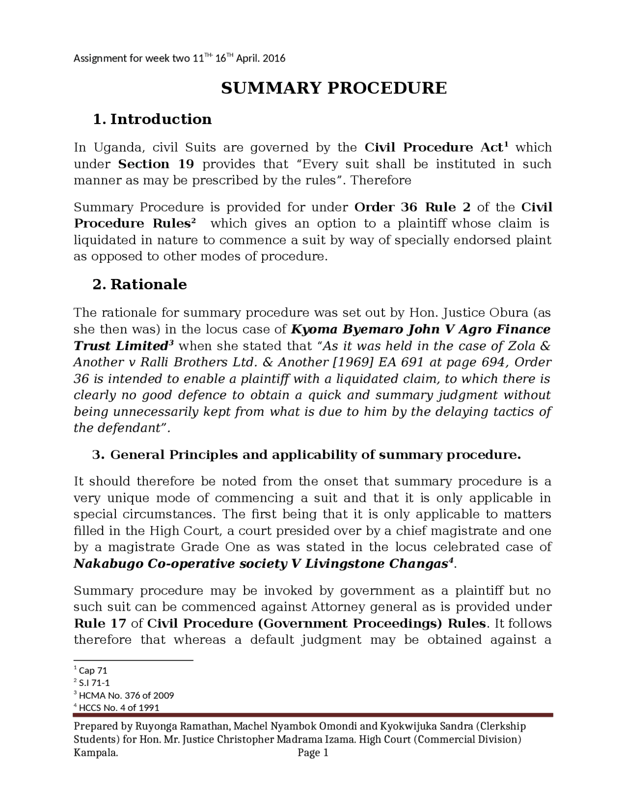 Summary procedure on a specially endorsed plaint - Docsity