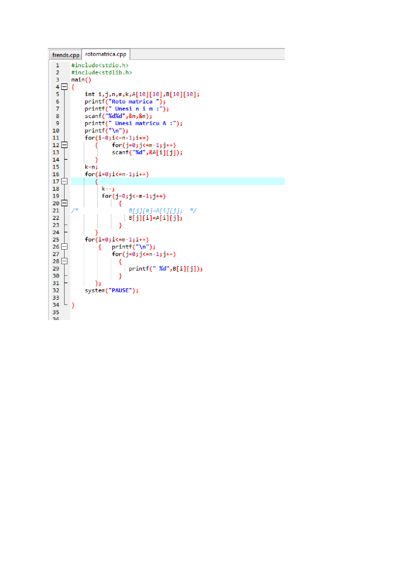 Rotiranje el.matrice u C-u u smeru kazaljke na satu | Skripte' predlog Programiranje - Docsity