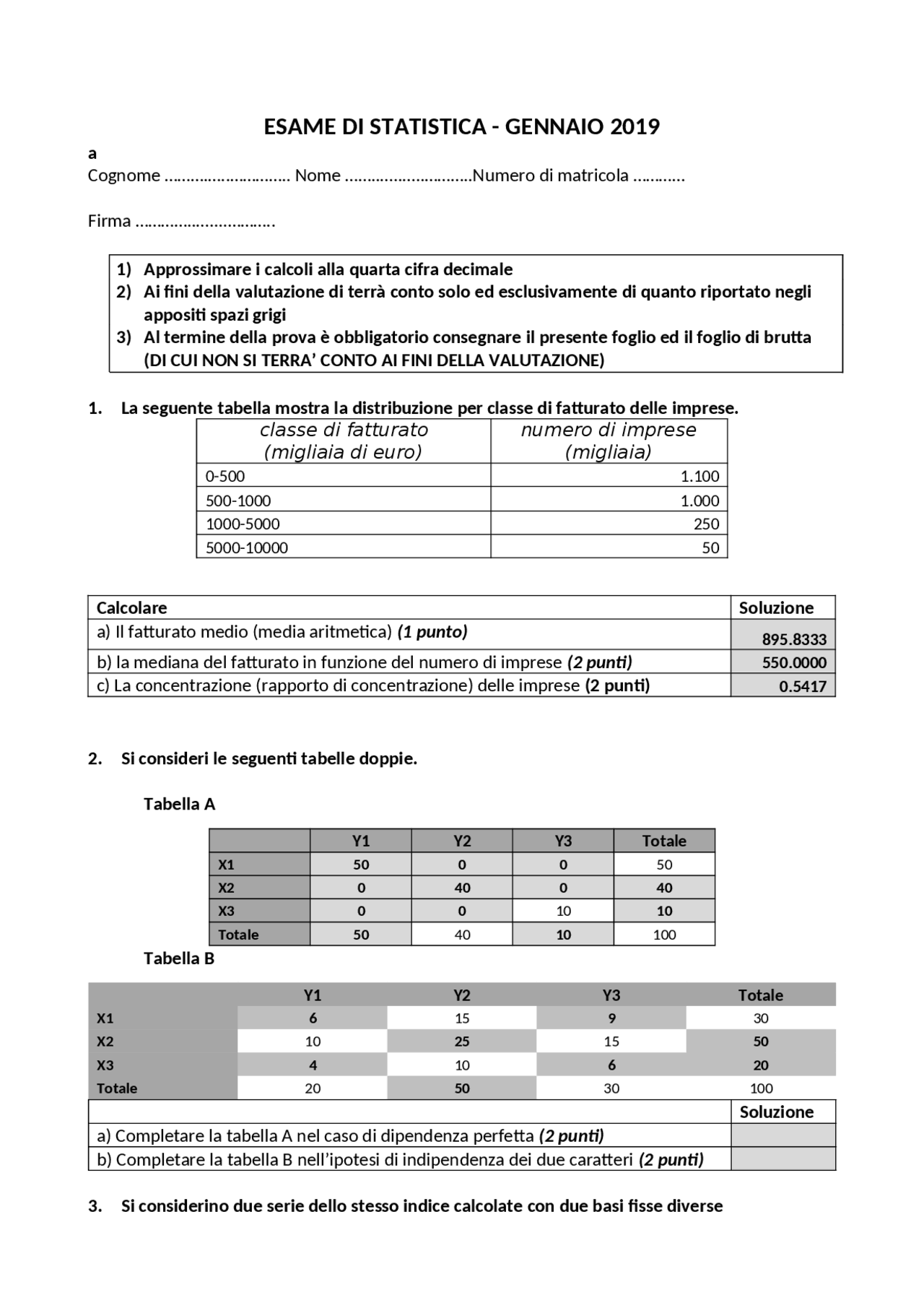 Esame Di Statistica Gennaio 2019 Docsity