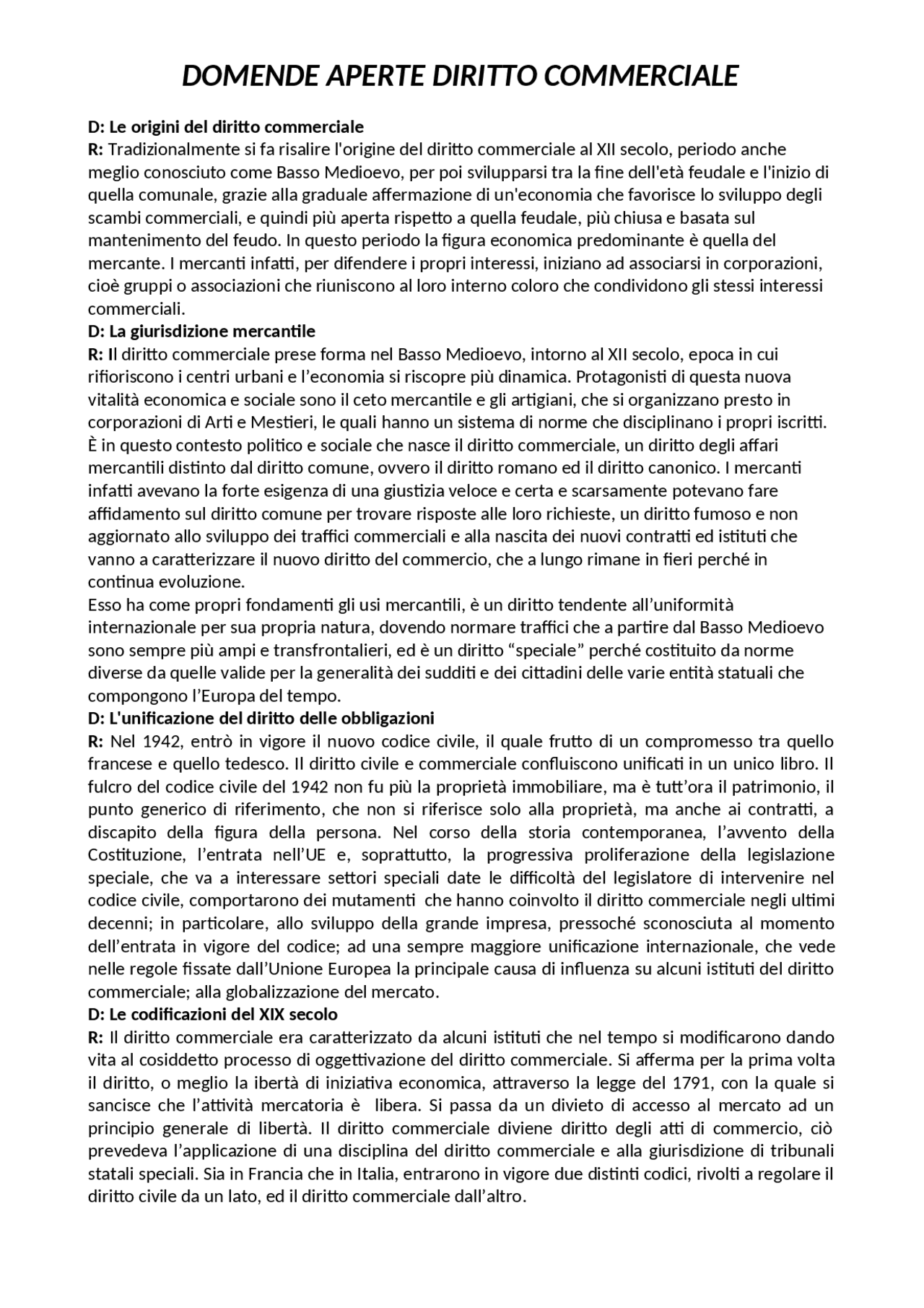 Domande Aperte Diritto COMMERCIALE - Docsity