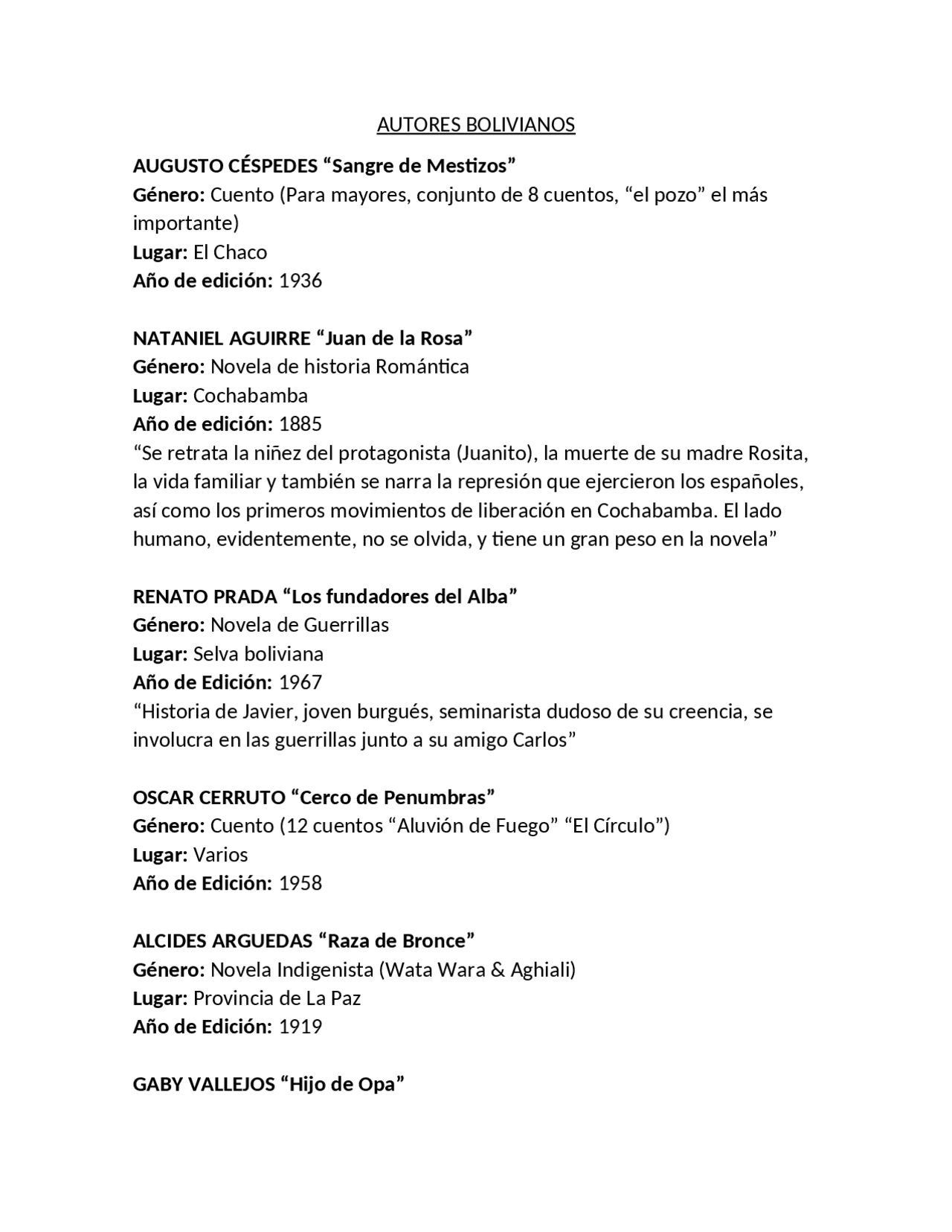 autores bolivianos, apuntes, fechas y otros | Study notes of Spanish ...