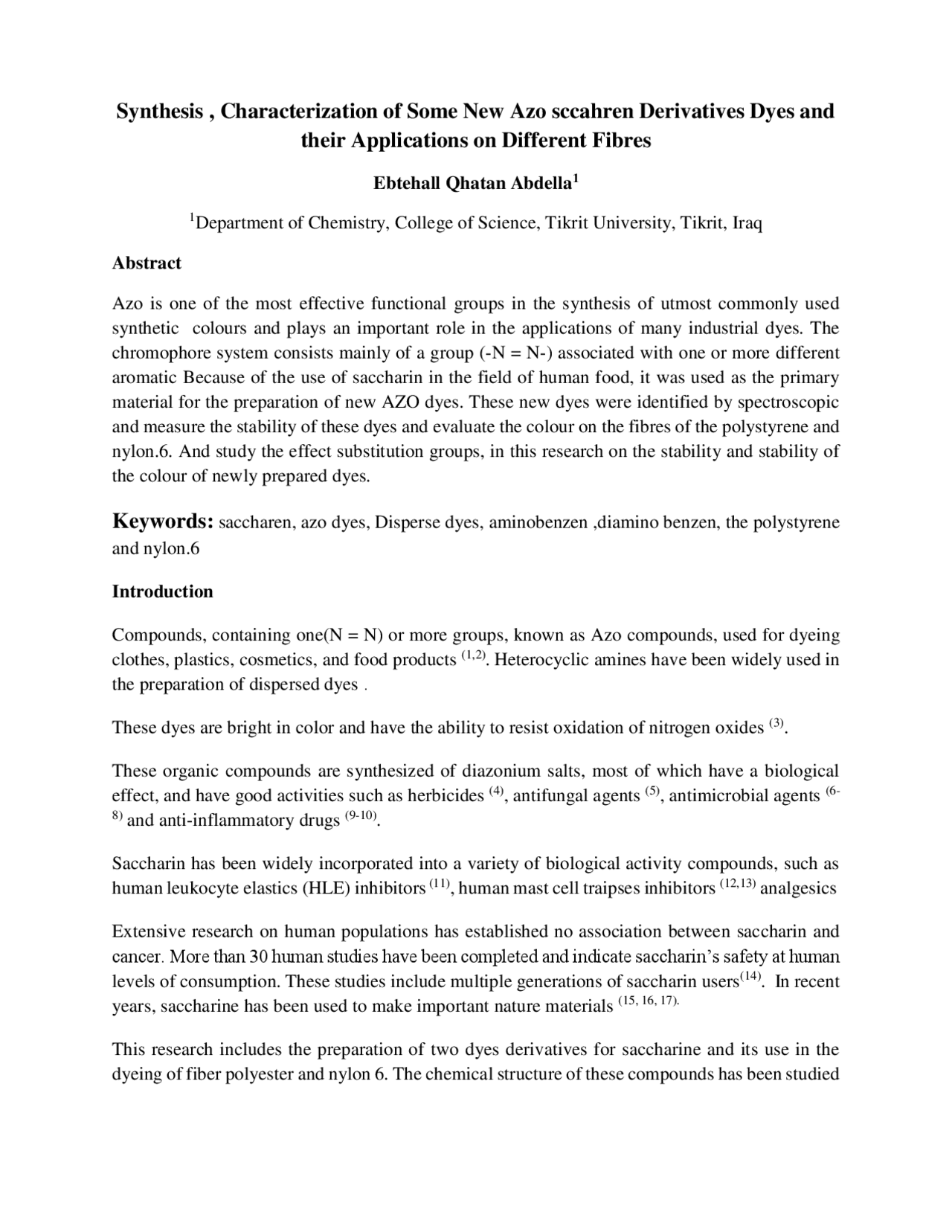 Synthesis , Characterization of Some New Azo sccahren Derivatives Dyes and their Applications on ...