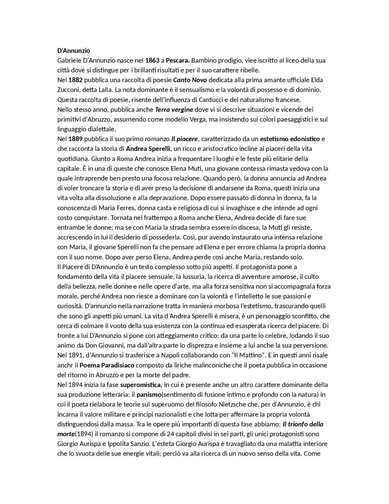 Gabriele Dannunzio Riassunto Docsity