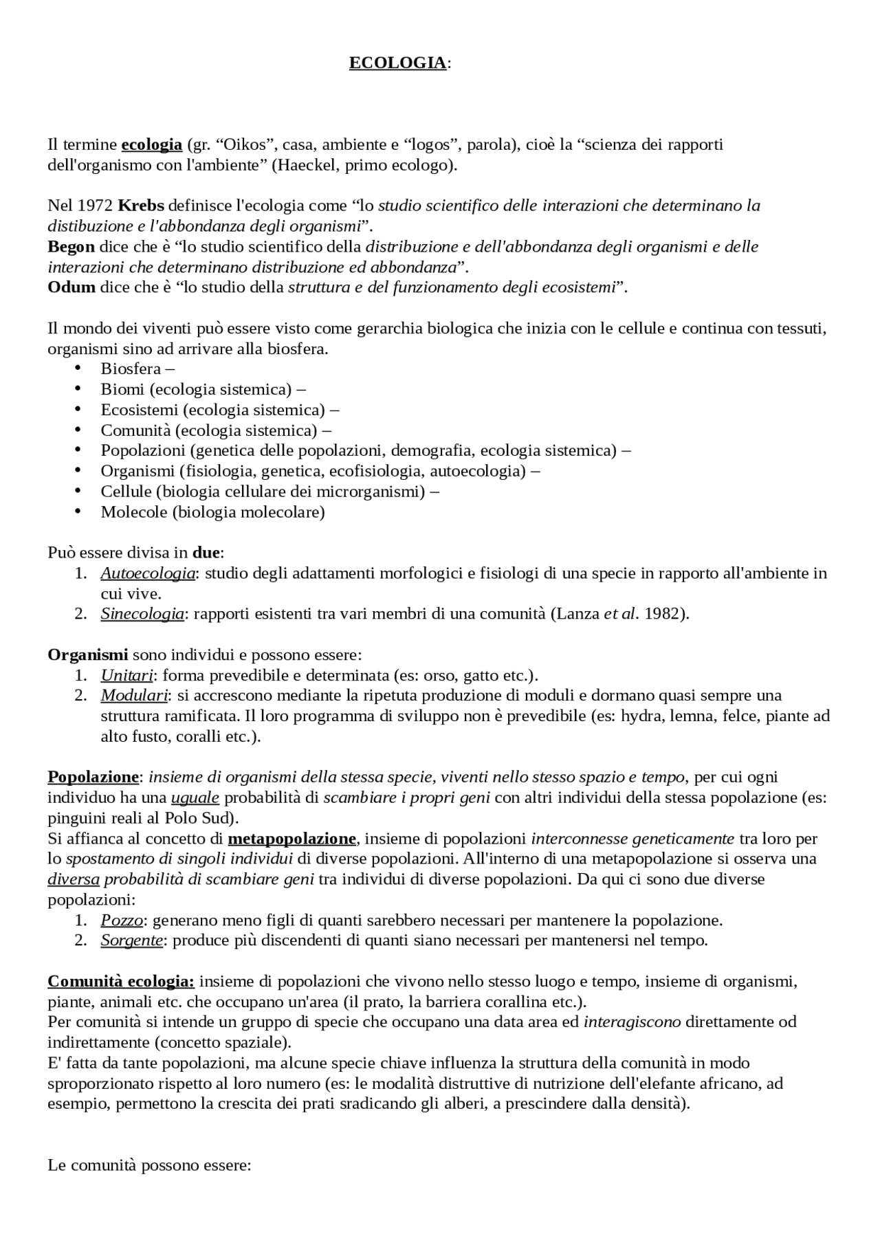 Appunti Ecologia Prof Galli Unimib Docsity